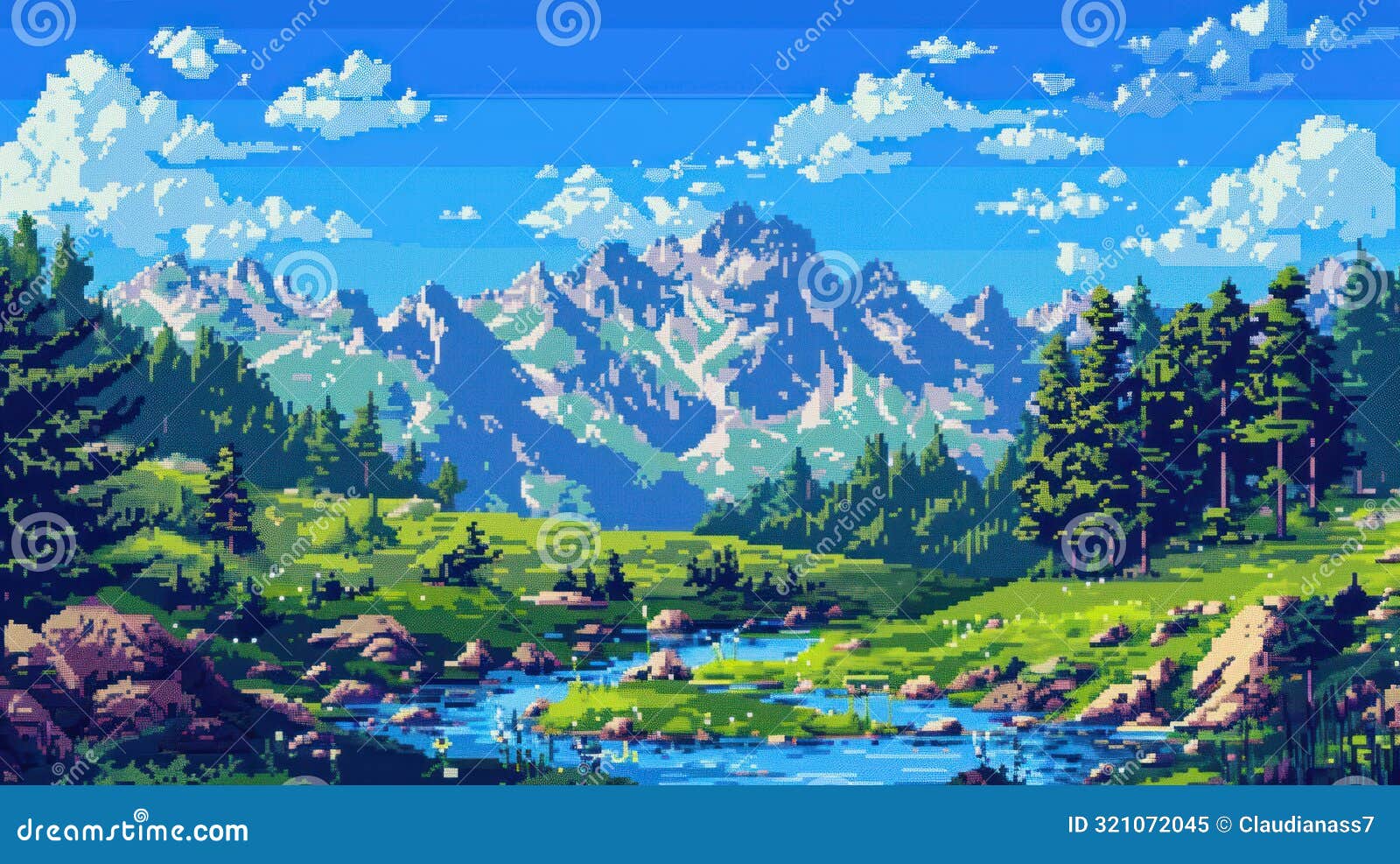 Pixel Art Style of a Landscape with Mountains and Trees Stock Image ...