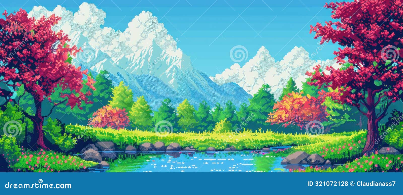 Pixel Art Style of a Landscape with Mountains and Trees Stock Photo ...