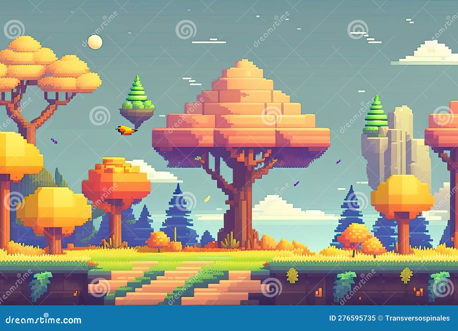 Pixel Art Style Landscape with a Tree and Mountains in the Background ...
