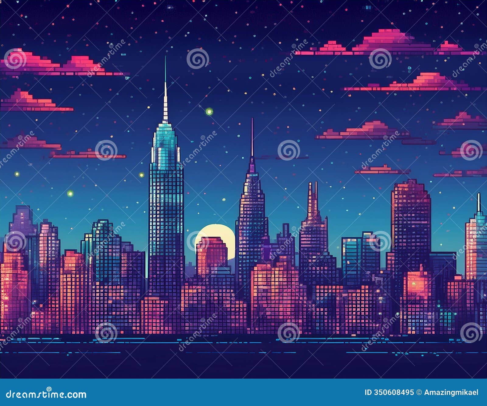 Pixel Art Style Skyline at Night Stock Image - Image of background ...