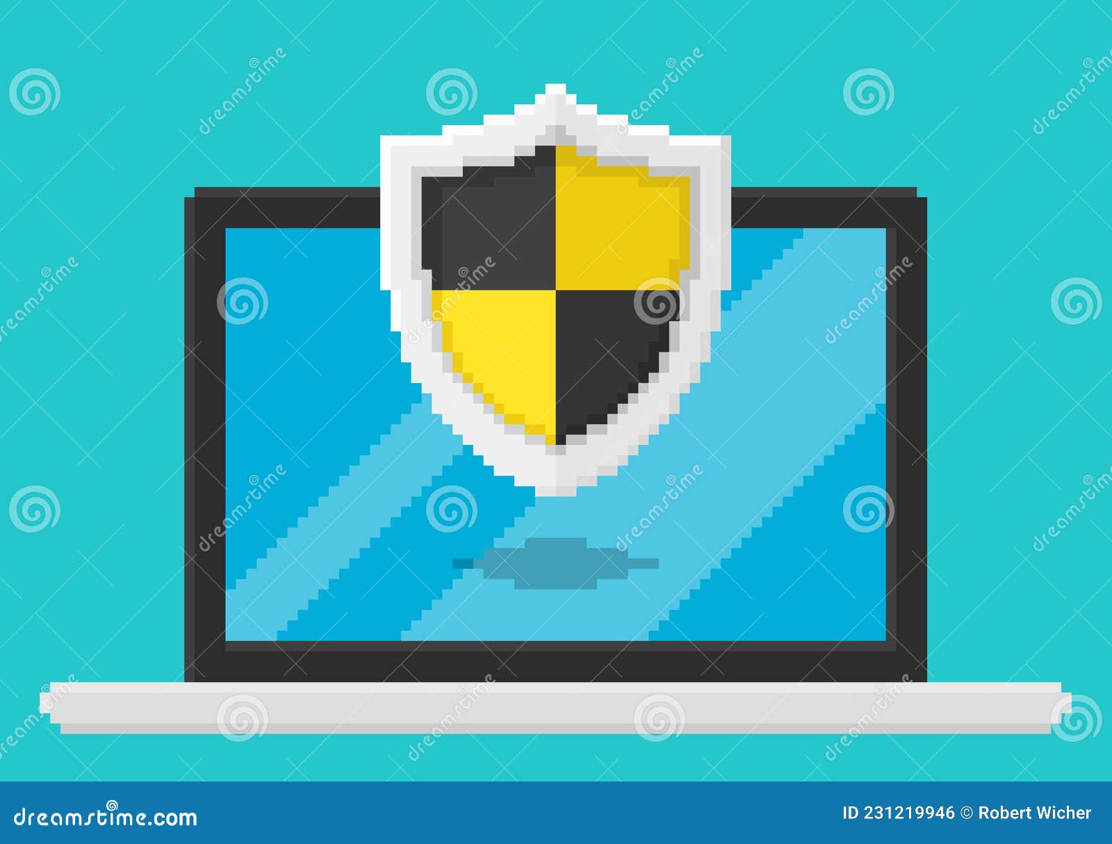 Pixel Art Style Vector Illustration of Antivirus Shield on Laptop ...