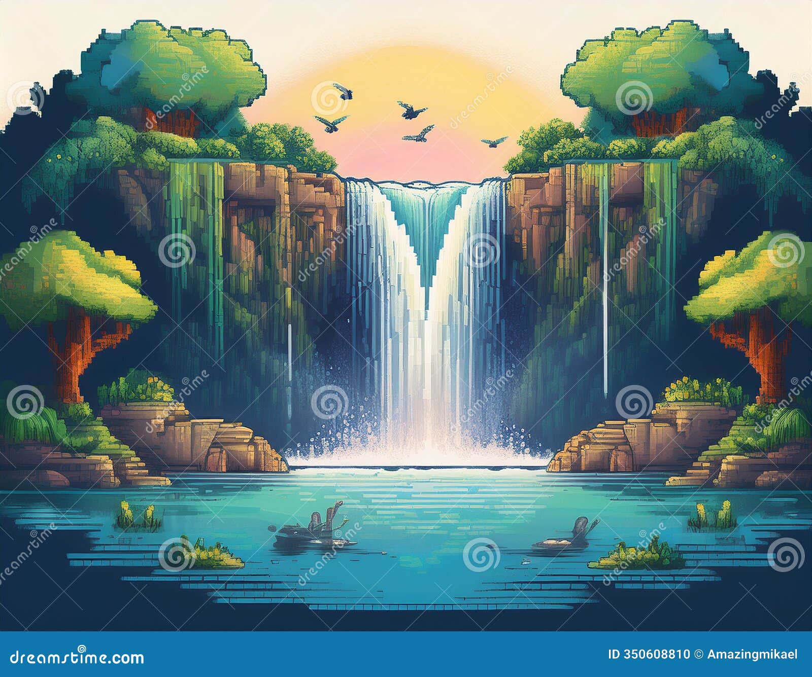 Pixel Art Style Whimsical Waterfall Scene Stock Photo - Image of ...