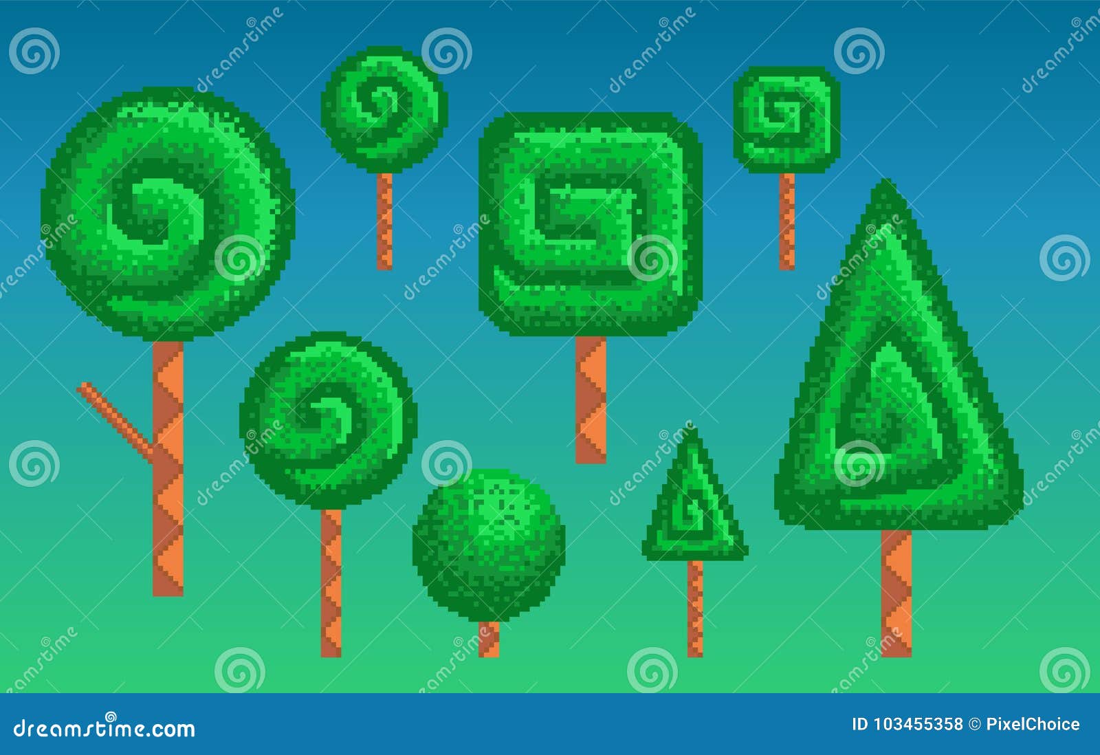 Pixel art stylized trees. stock vector. Illustration of design - 103455358