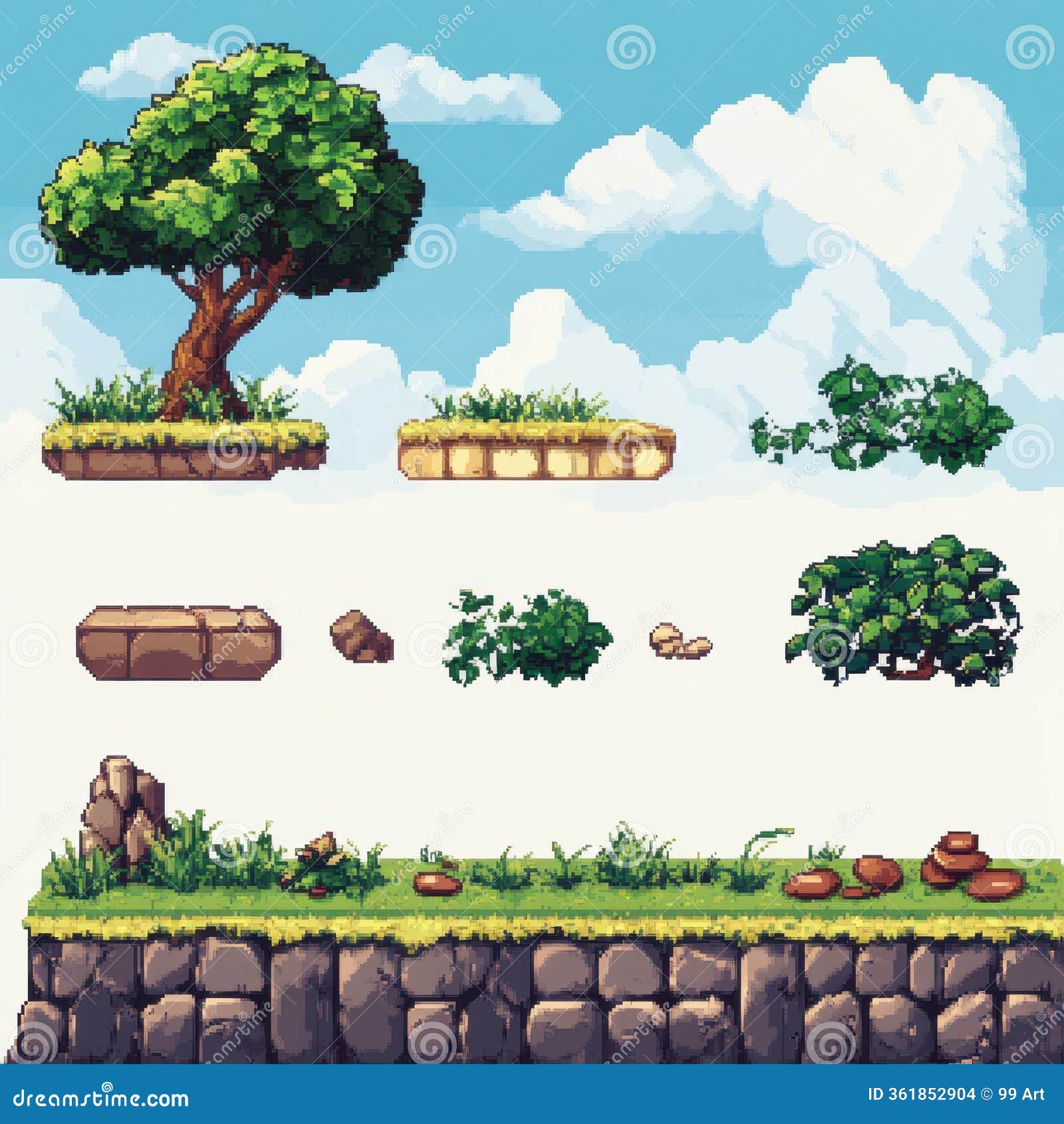 Pixel Art Terrain Elements for Video Game Background Design Stock ...