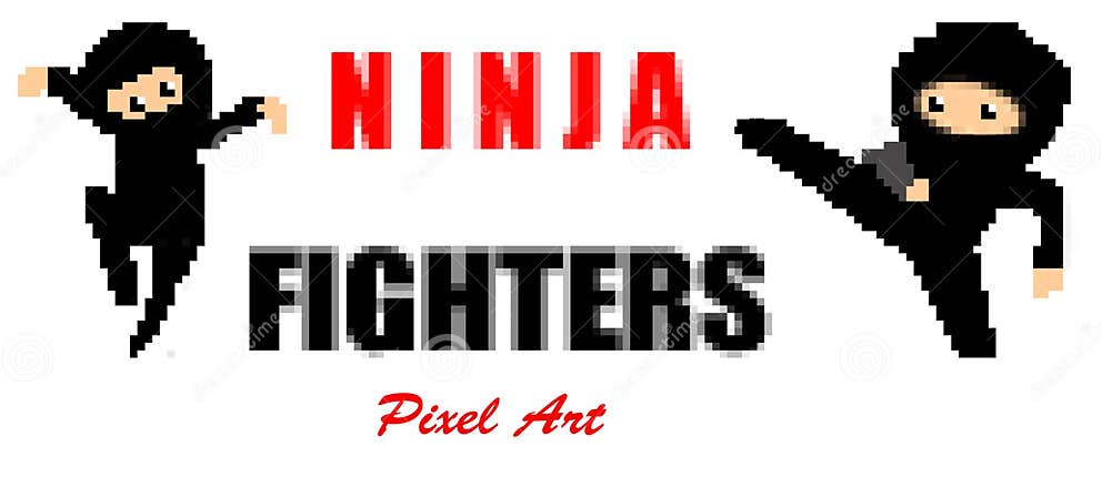 Pixel Art Two Young Ninja Fighters In Fighting Poses Stock Vector Illustration Of Poster