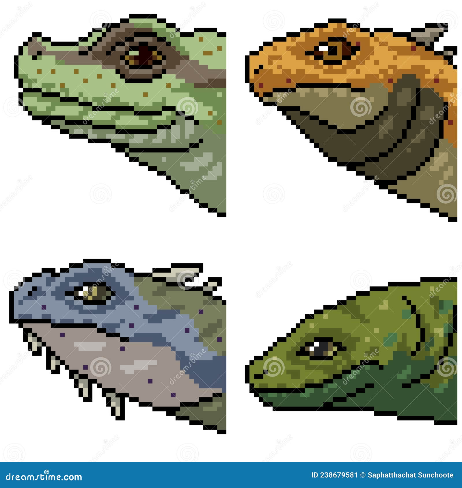 Pixel Art Various Lizard Head Stock Vector - Illustration of cartoon ...