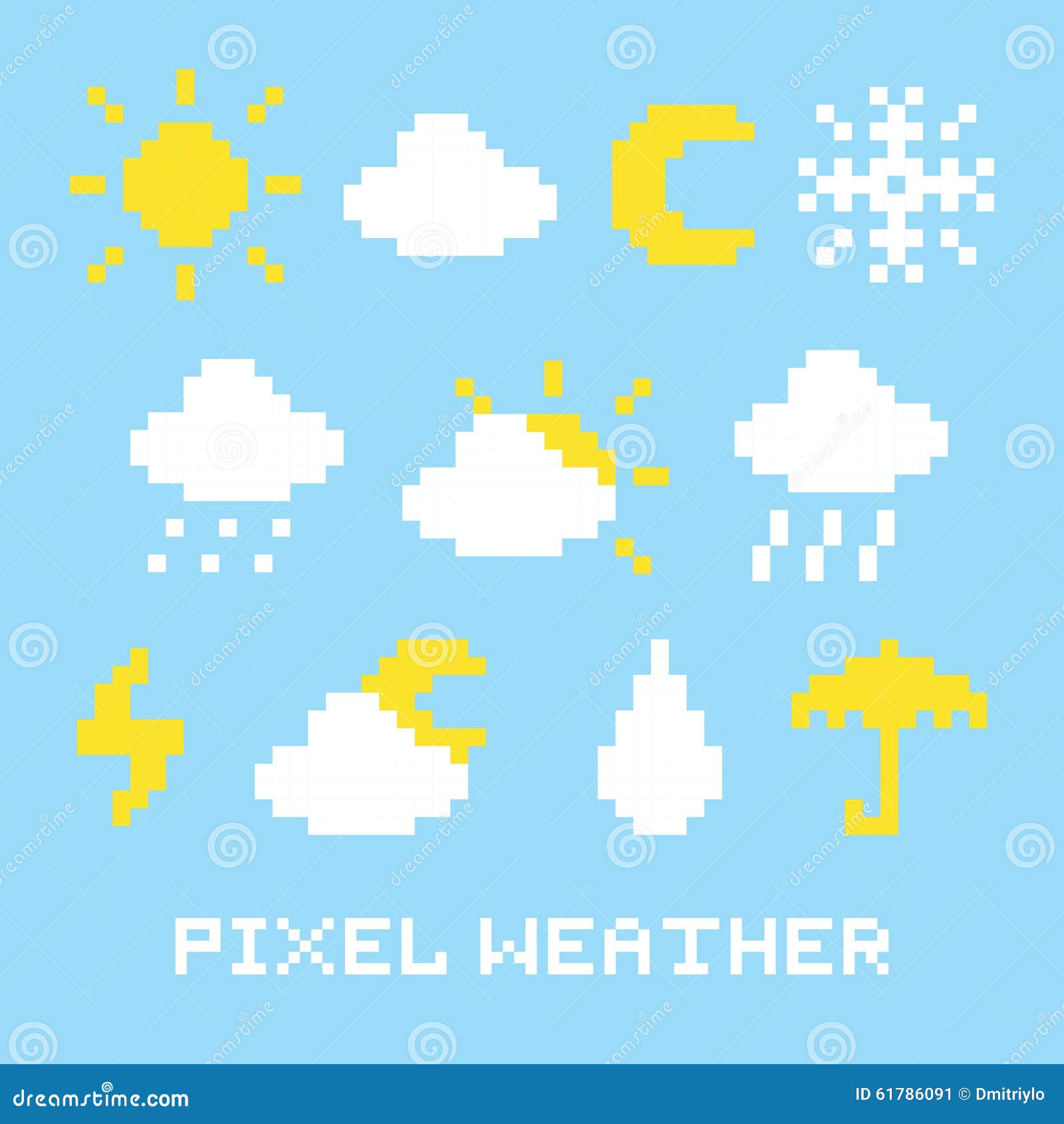8 Bit Pixel, UI Weather Symbol Icon. Water Icons, Cloudy, Rain, Bright ...