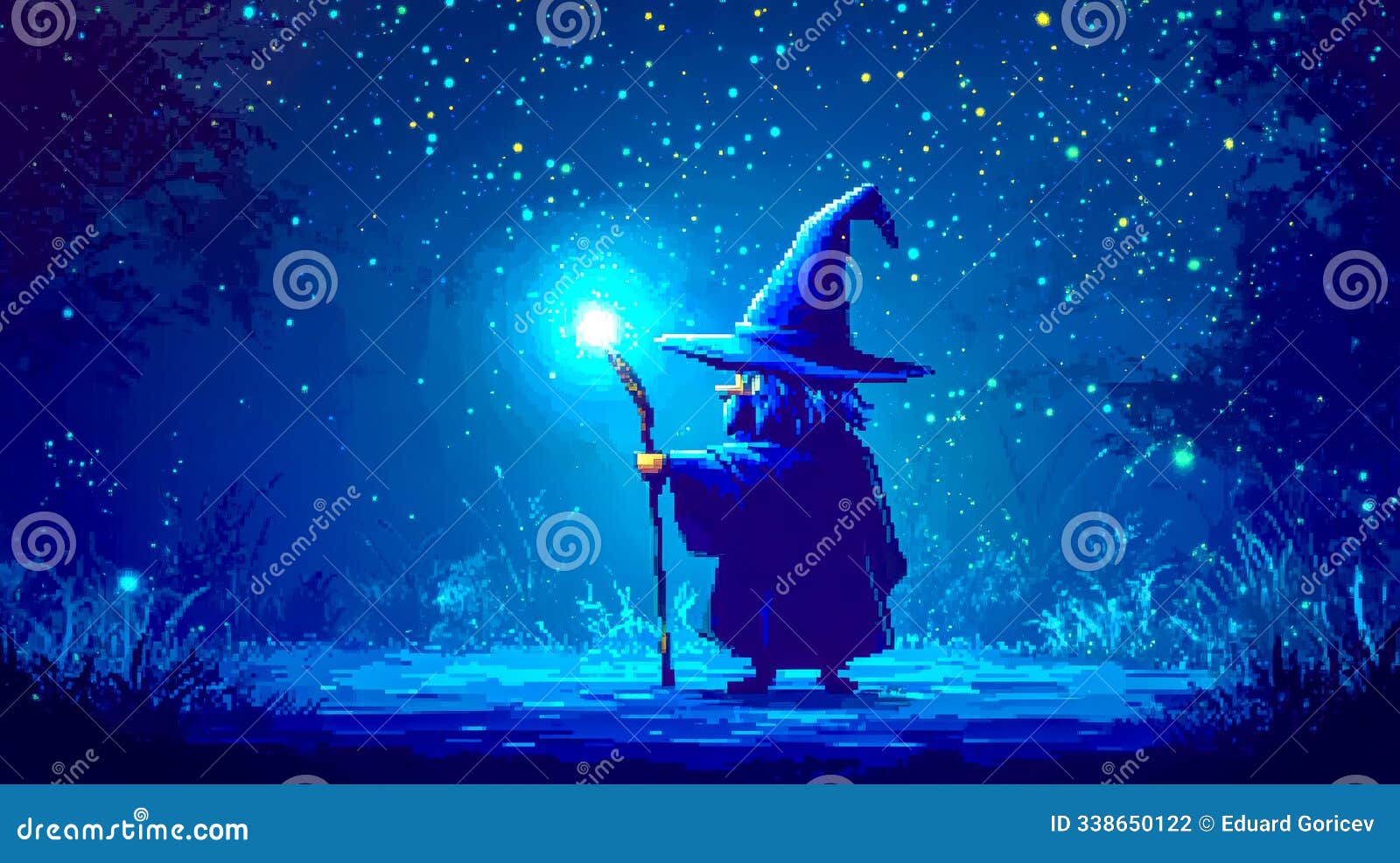 Pixel Art Wizard Casting Magic Spell in Enchanted Forest Stock Photo ...