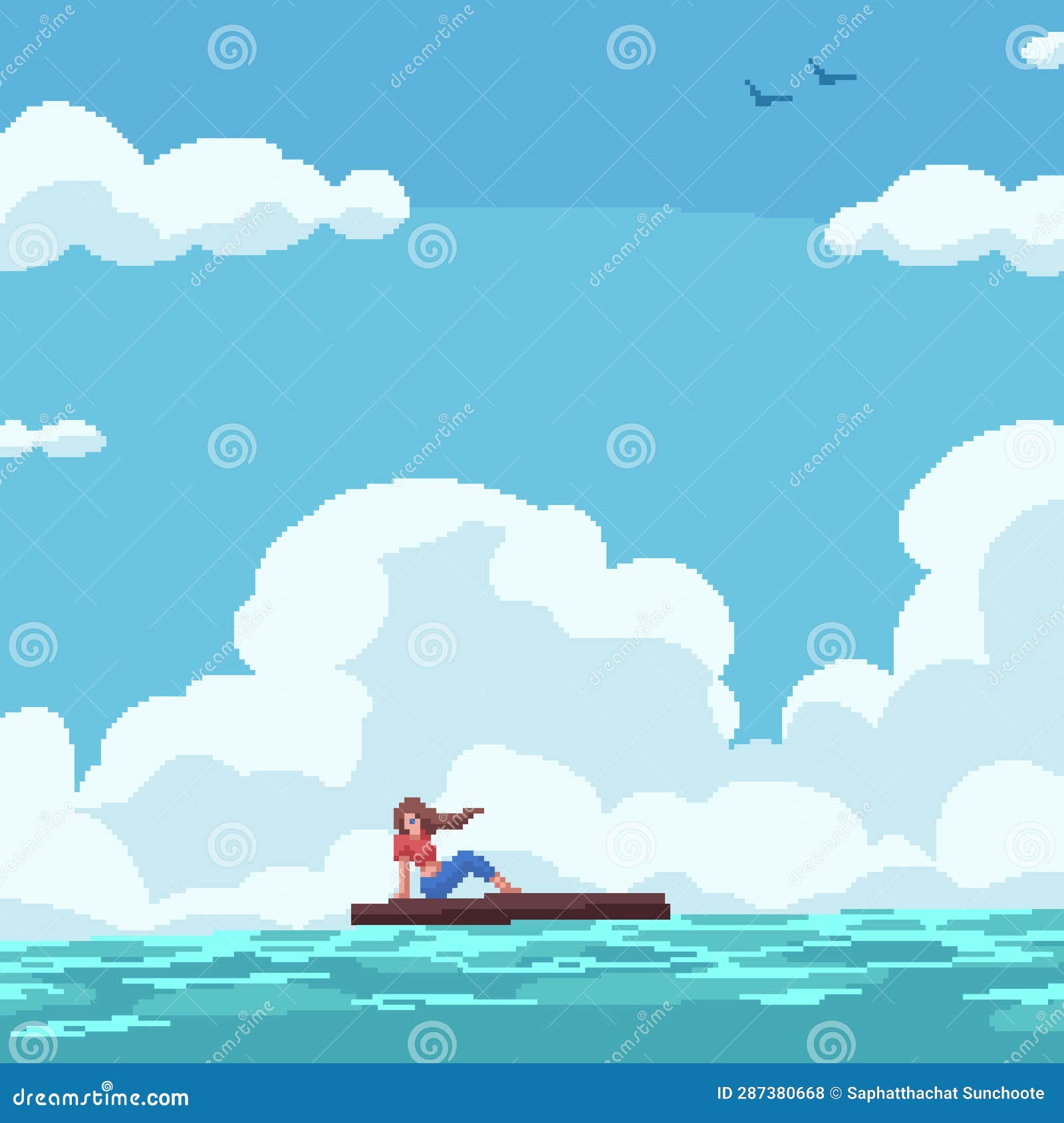 Pixel Art Woman Raft Sea Vector Illustration | CartoonDealer.com #287380668