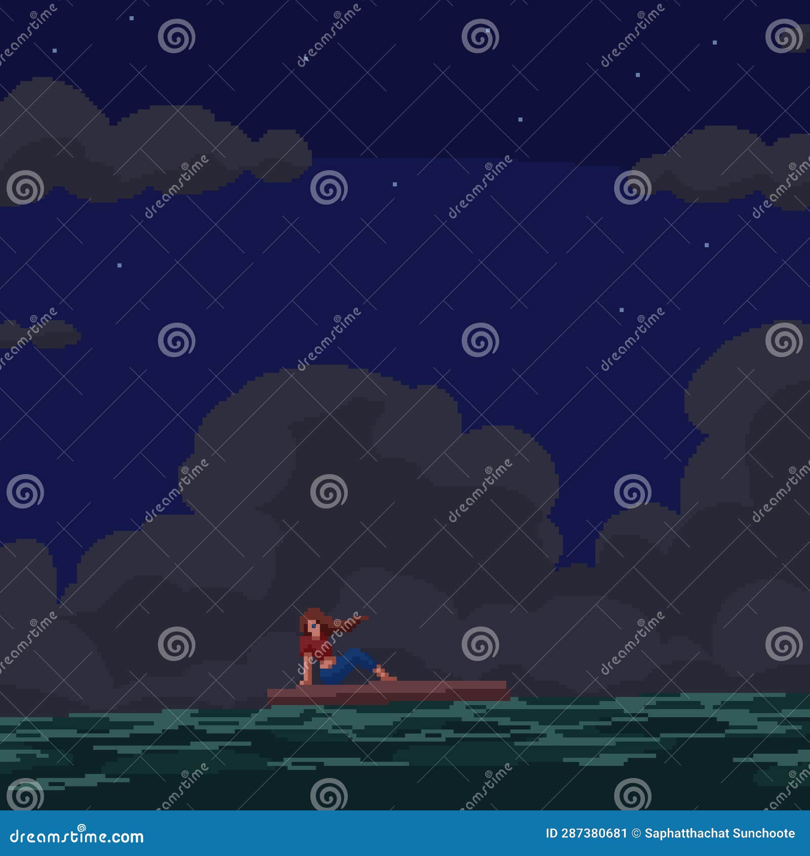 Pixel Art Woman Raft Sea Cartoon Vector | CartoonDealer.com #287380681