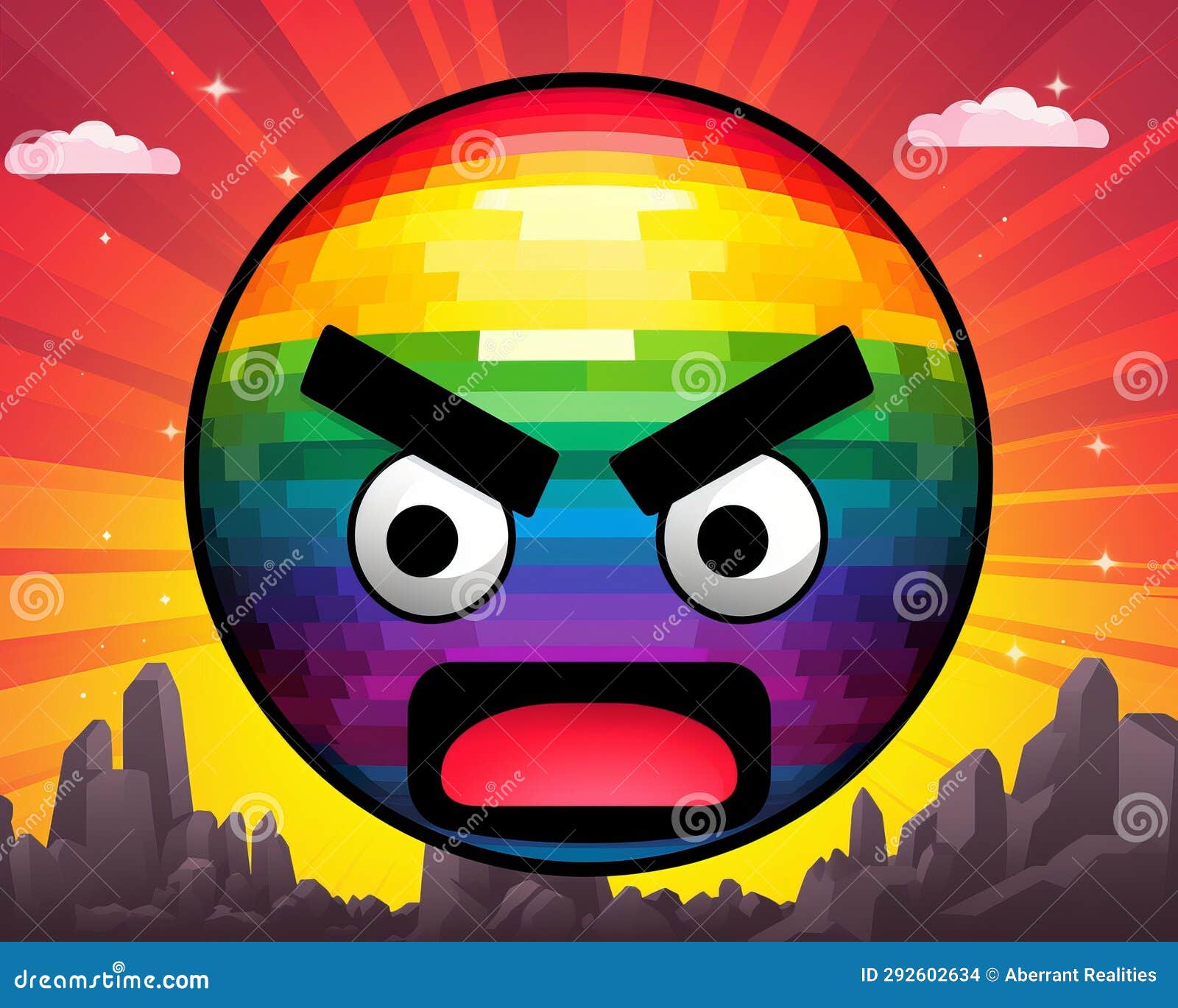 A Pixel Ball with an Angry Face and Rainbow Colors Stock Illustration ...
