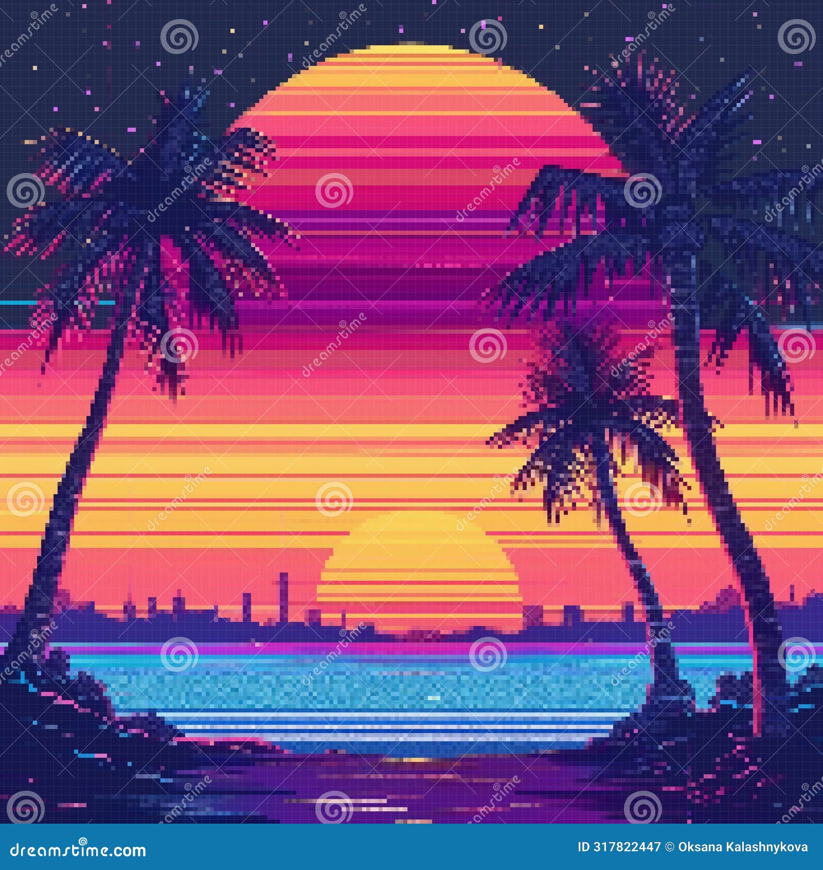 Pixel Beach Sunset Sunrise with Palm Trees. Sun Reflection in Water ...