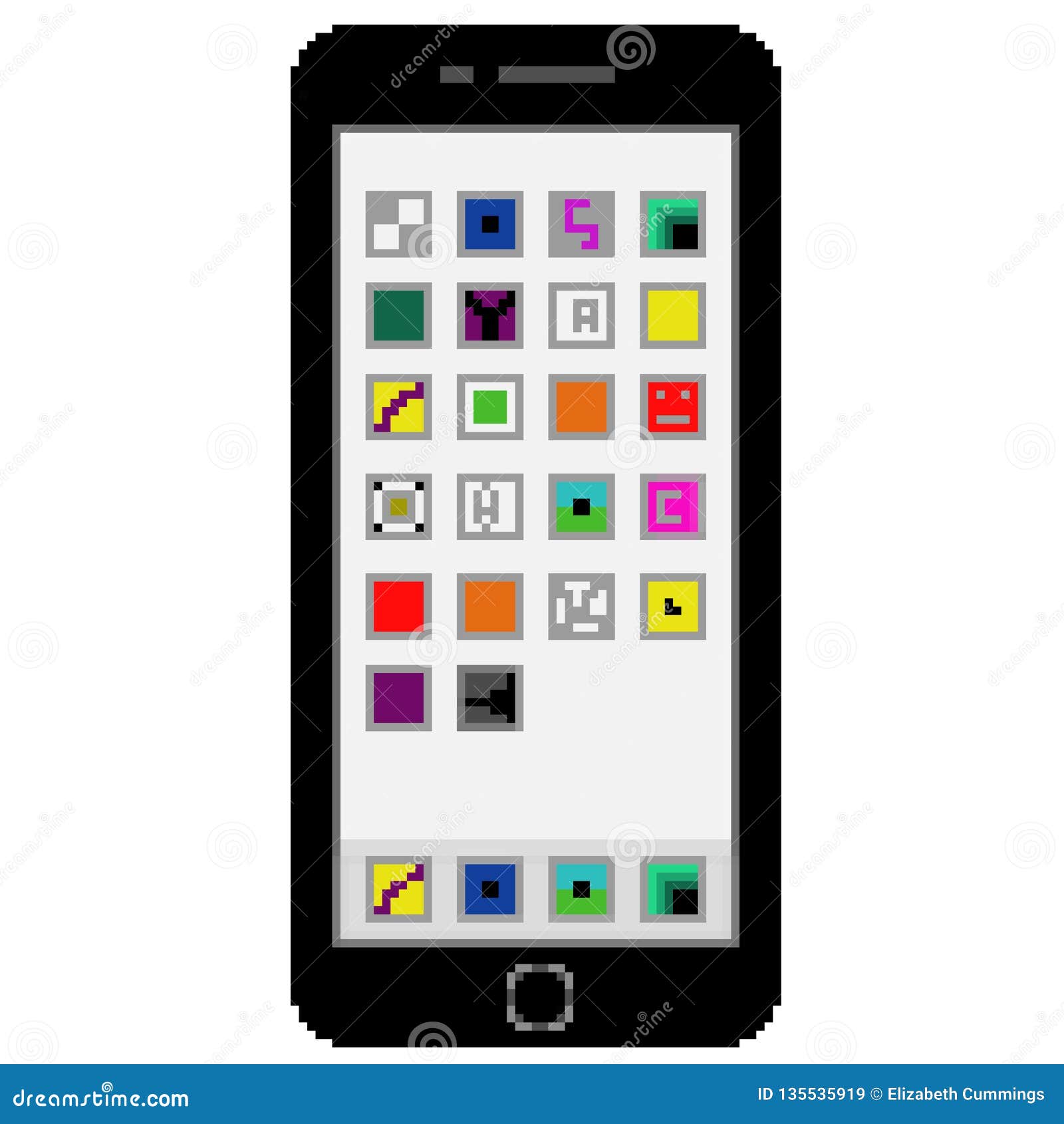 Pixel 8 Bit Drawn Black Cell Phone with Generic Apps on the Screen ...