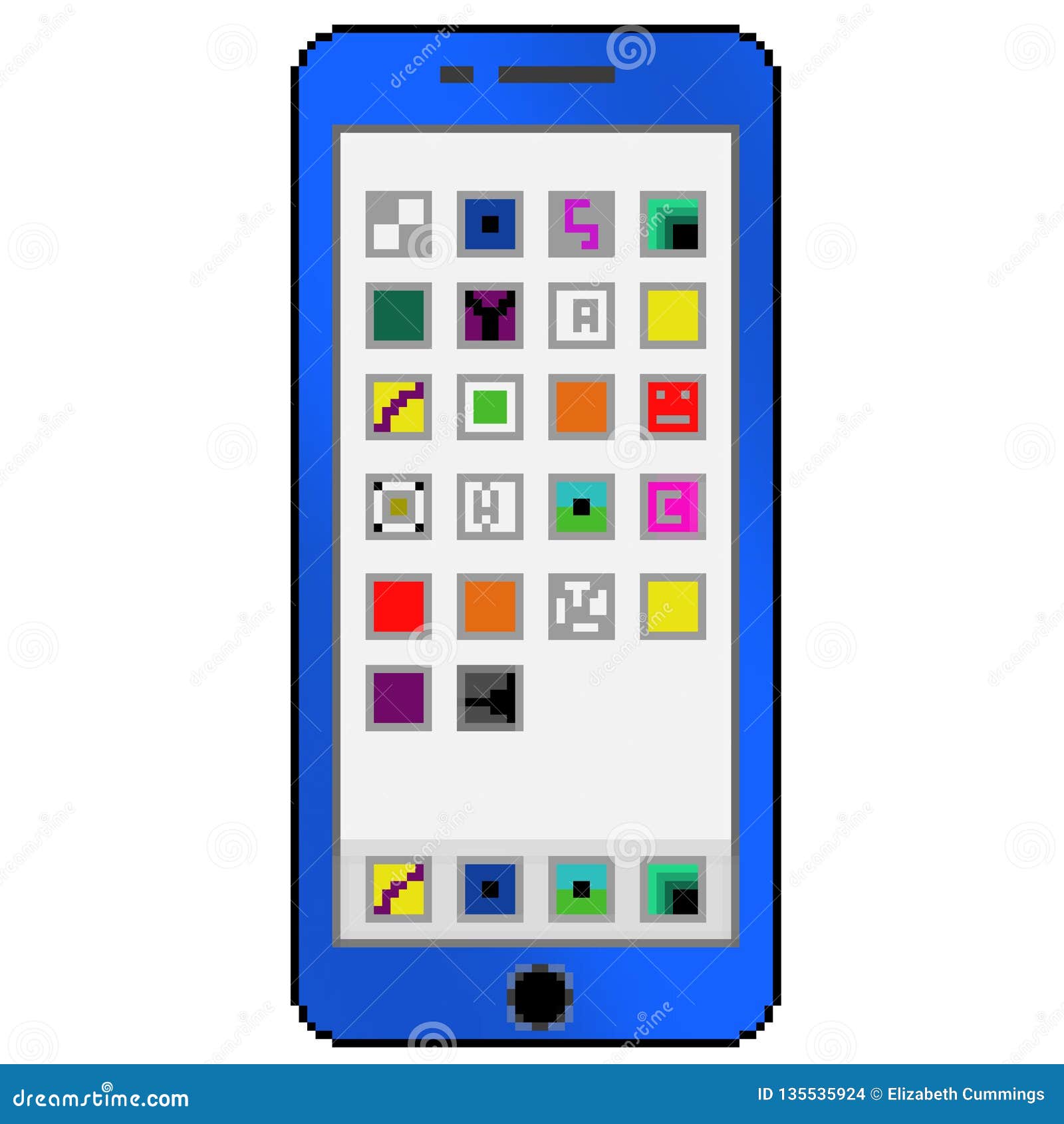 Pixel 8 Bit Drawn Blue Cell Phone with Generic Apps on the Screen Stock ...