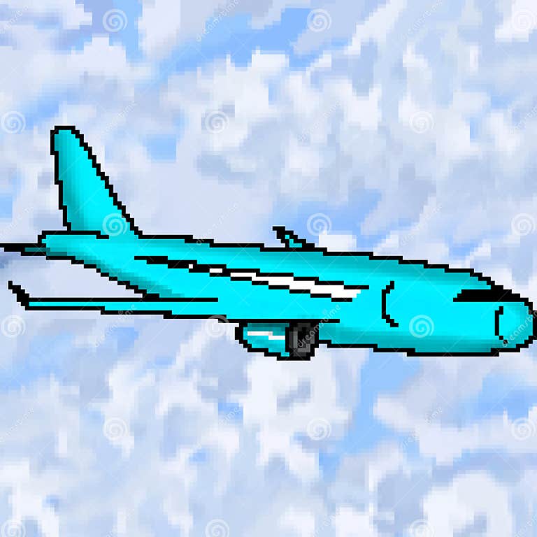 Pixel 8 Bit Drawn Blue Passenger Jet Plane with Cloudy Sky Stock ...