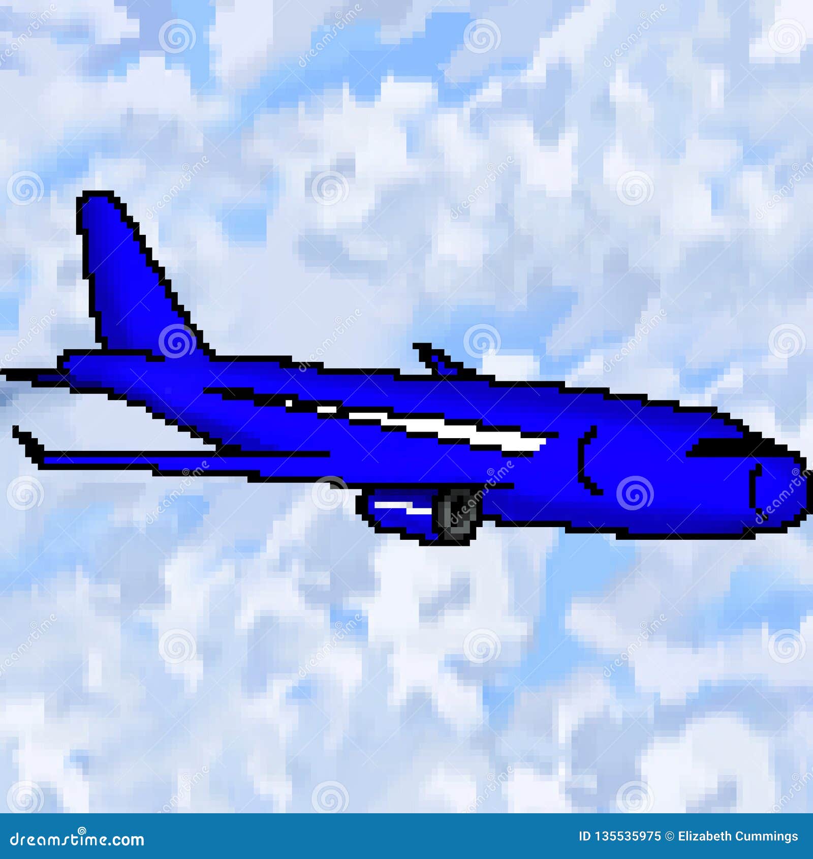 Pixel 8 Bit Drawn Blue Passenger Jet Plane with Cloudy Sky Stock ...