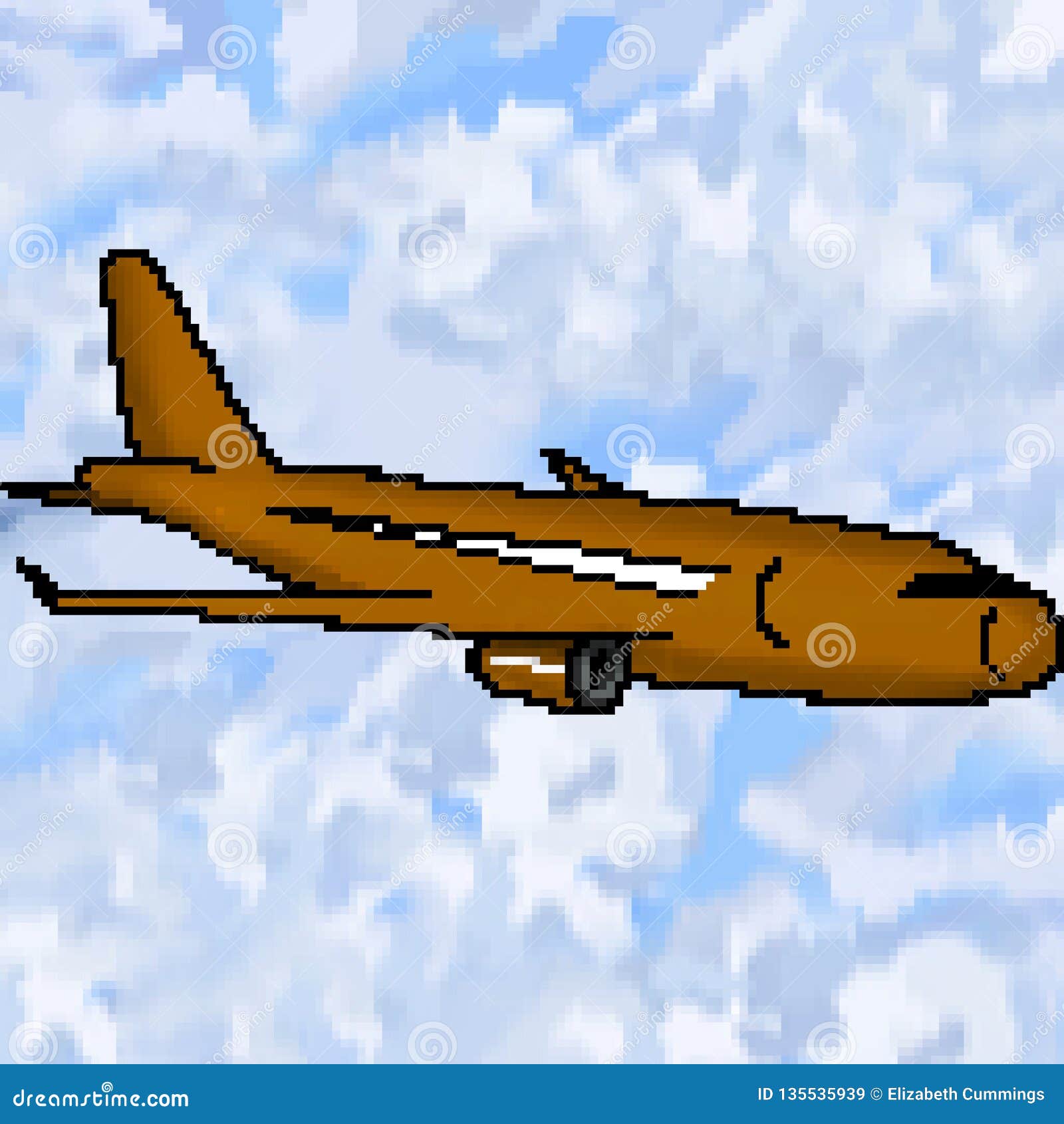 Pixel 8 Bit Drawn Brown Passenger Jet Plane with Cloudy Sky Stock ...