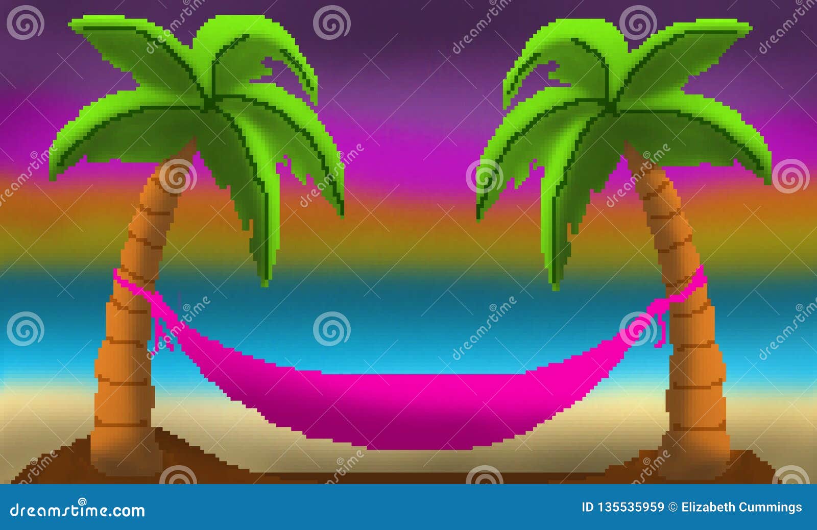 Pixel 8 Bit Drawn Palm Trees with Hammock Sunset on Sandy Beach Stock ...