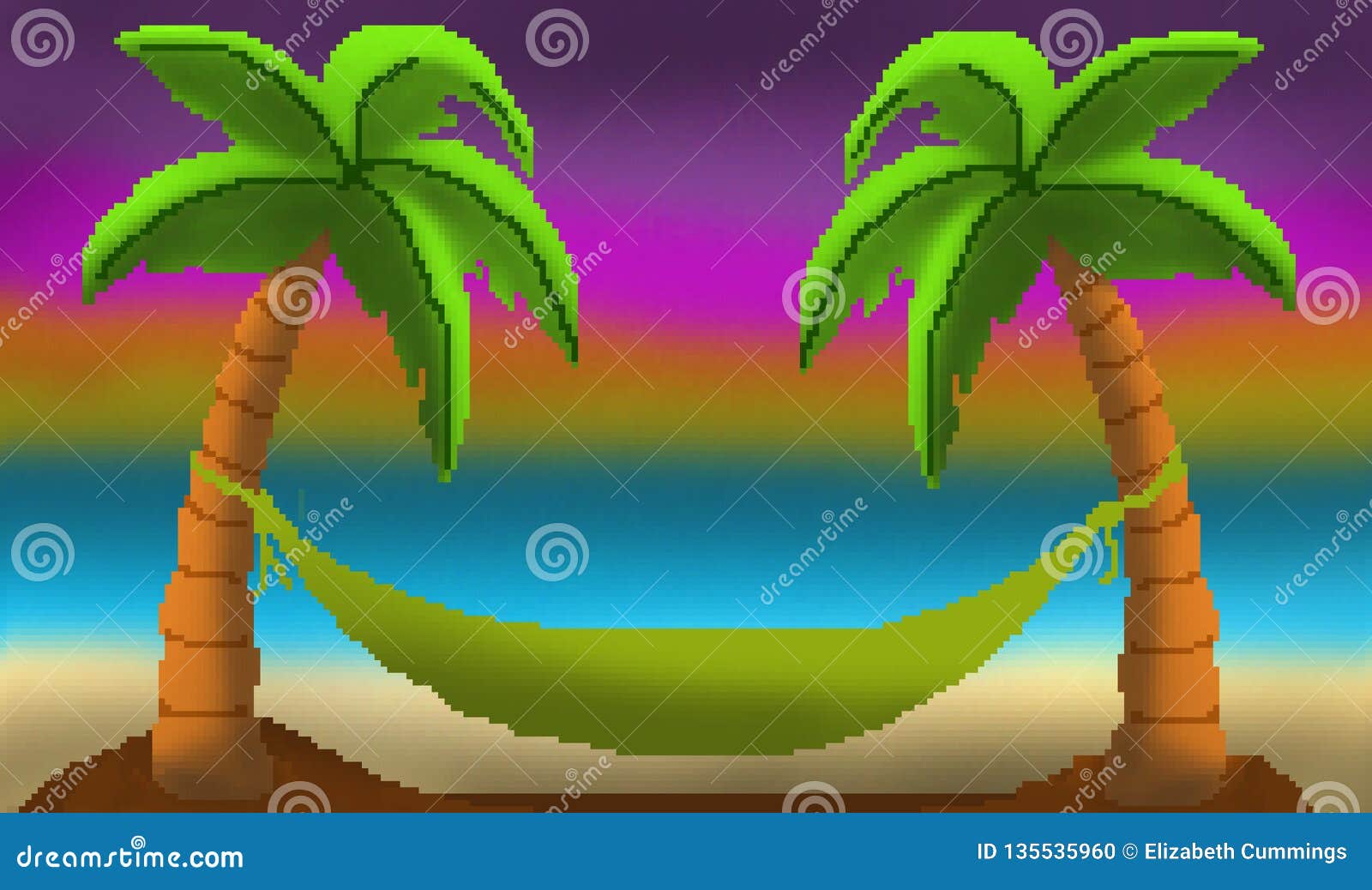 Pixel 8 Bit Drawn Palm Trees with Hammock Sunset on Sandy Beach Stock ...