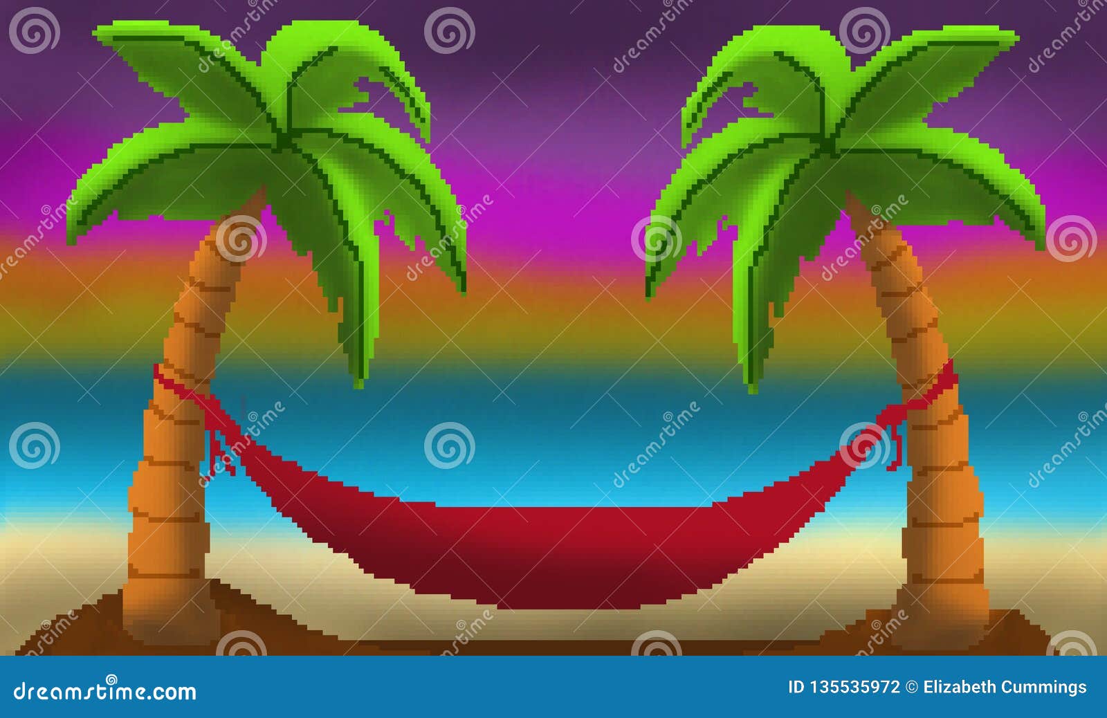 Pixel 8 Bit Drawn Palm Trees with Hammock Sunset on Sandy Beach Stock ...
