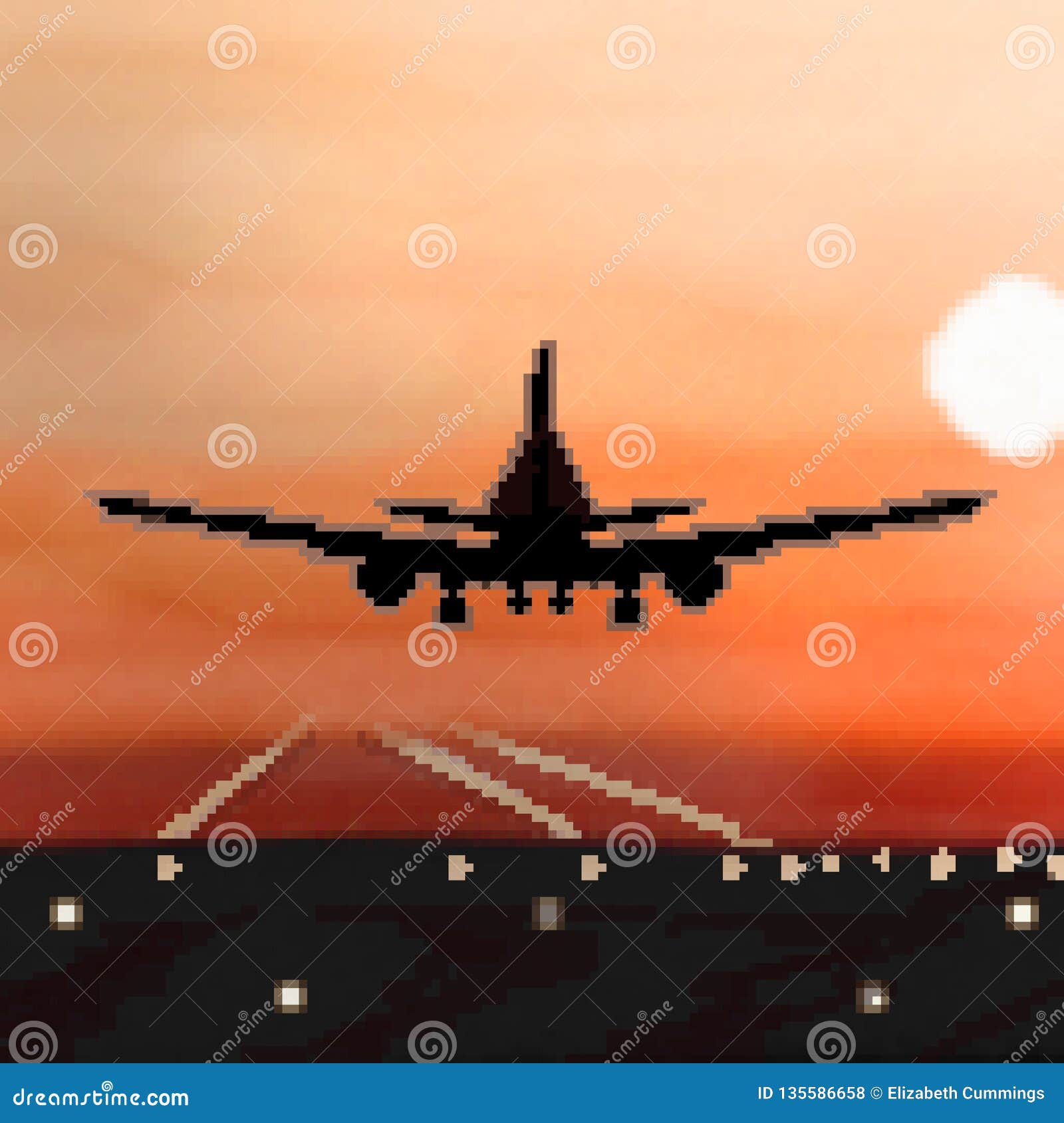 Pixel 8 Bit Drawn Plane Landing during Sunrise Flight Stock ...
