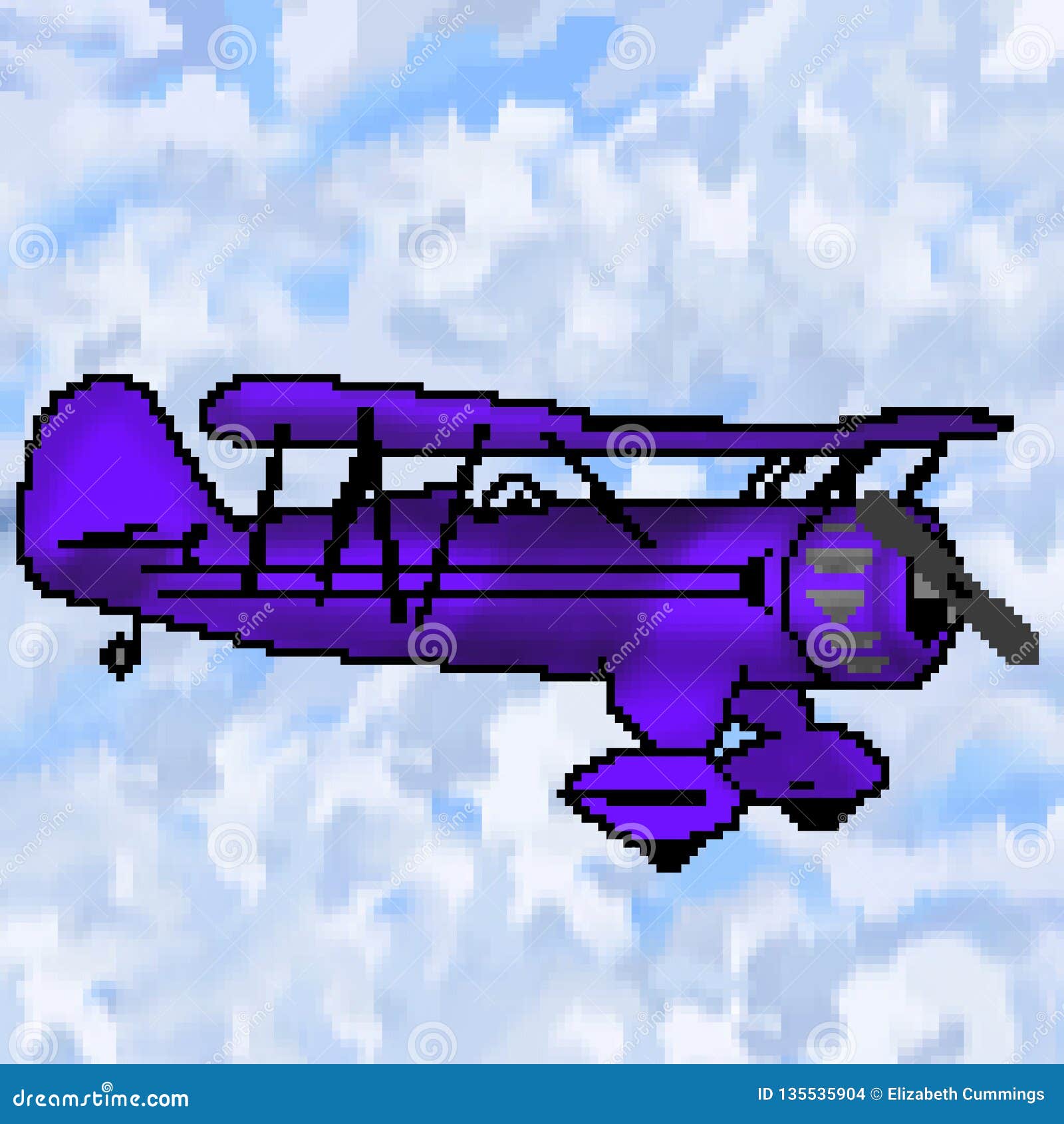 Pixel 8 Bit Drawn Purple Antique Plane with Multicolored Cloudy Sky ...