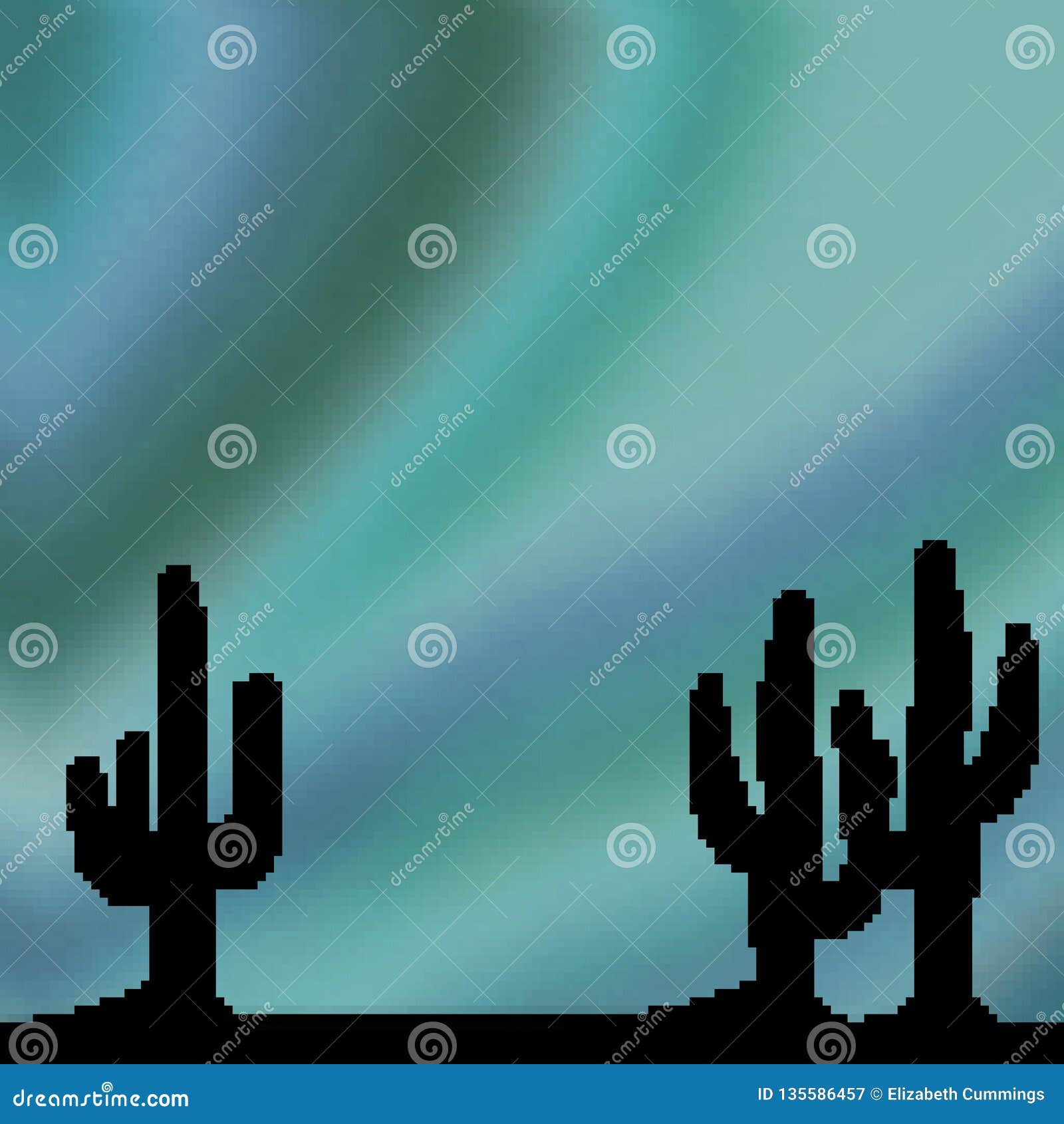 Pixel 8 Bit Drawn Vivid Desert Sky with Cactus Foreground Stock ...