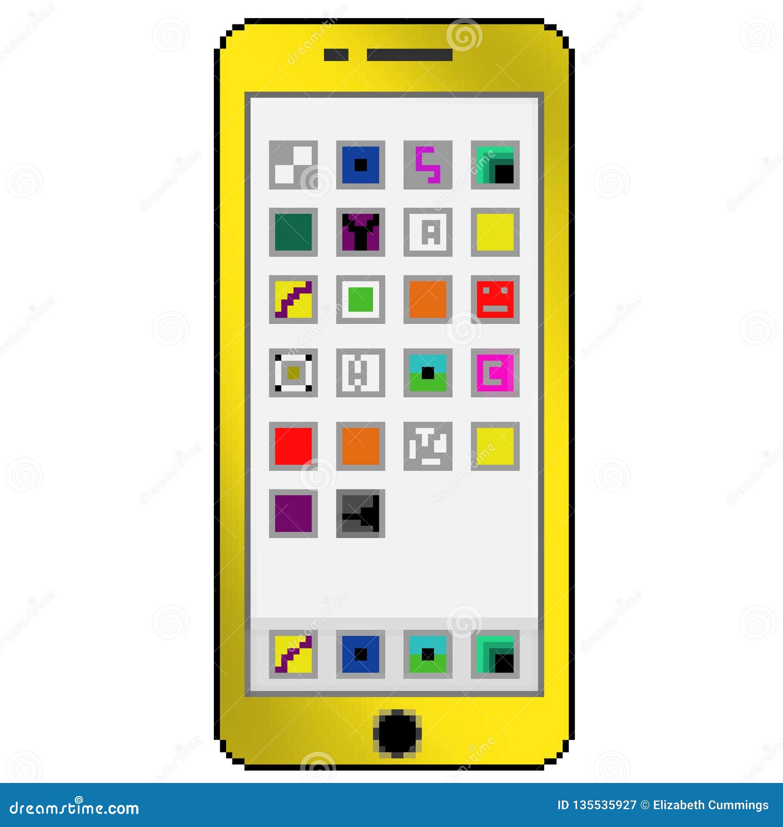 Pixel 8 Bit Drawn Yellow Cell Phone with Generic Apps on the Screen ...