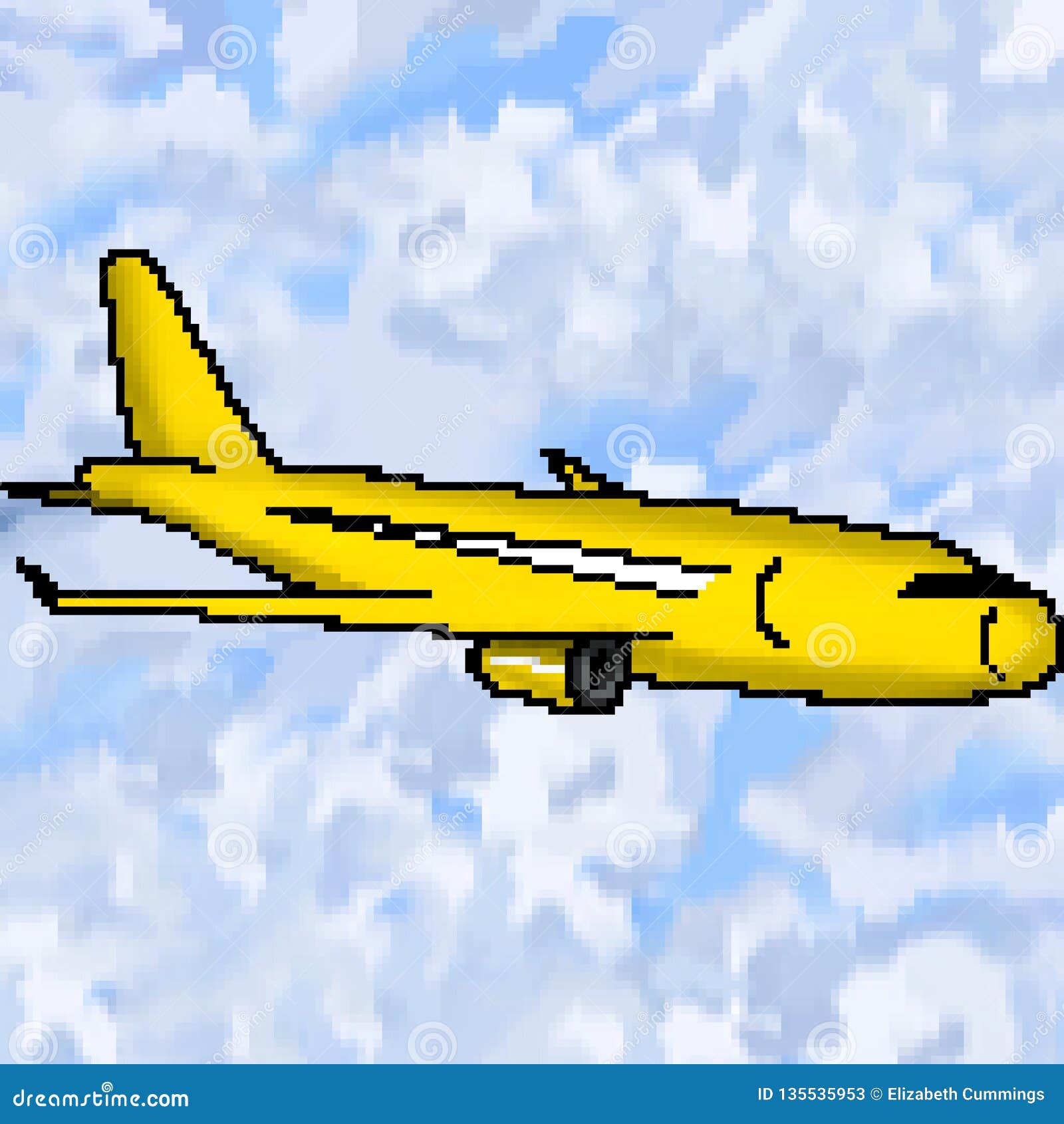 Pixel 8 Bit Drawn Yellow Passenger Jet Plane with Cloudy Sky Stock ...