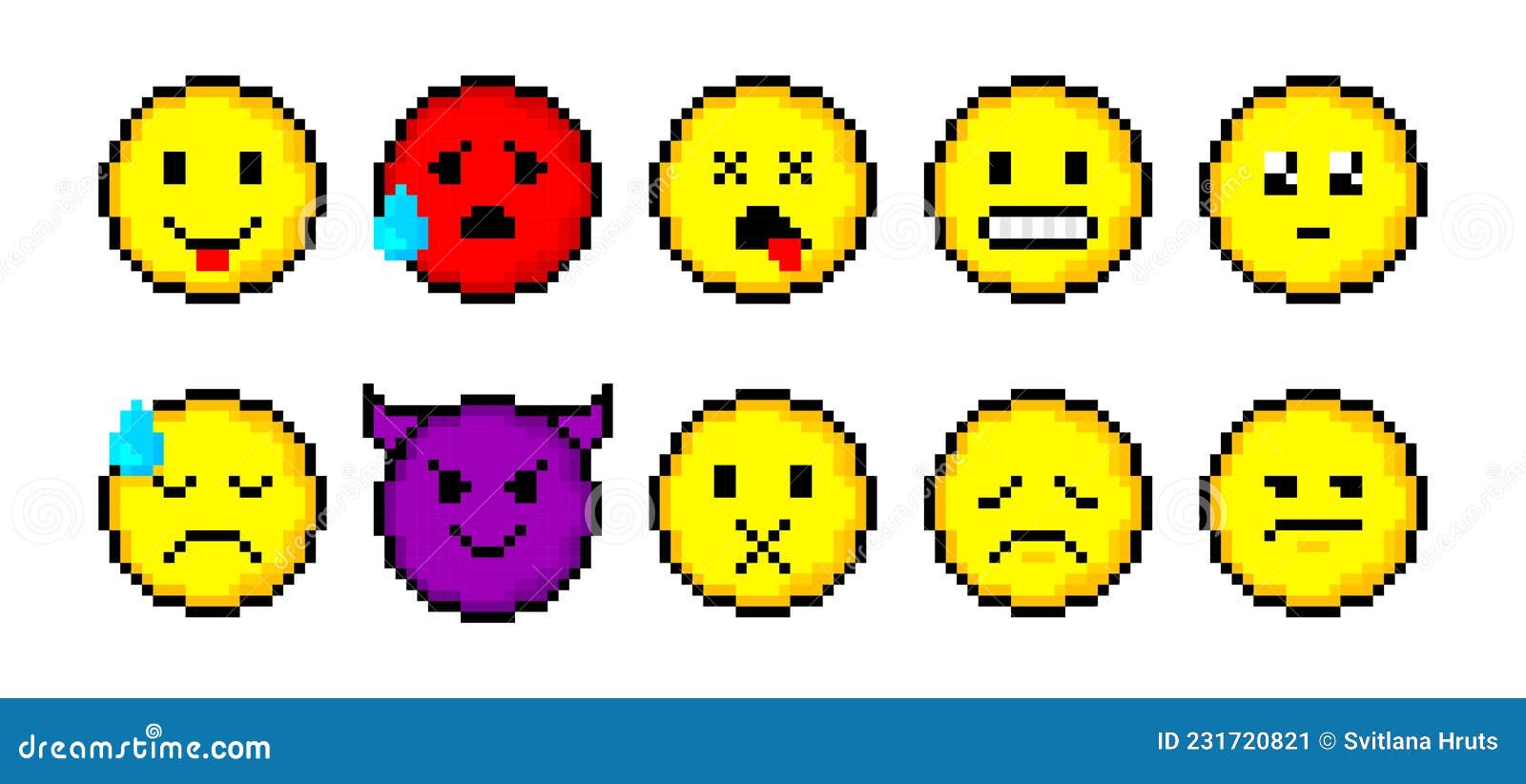 Pixel 8 Bit Yellow Circles With Smile Collection. Isolated Objects On ...