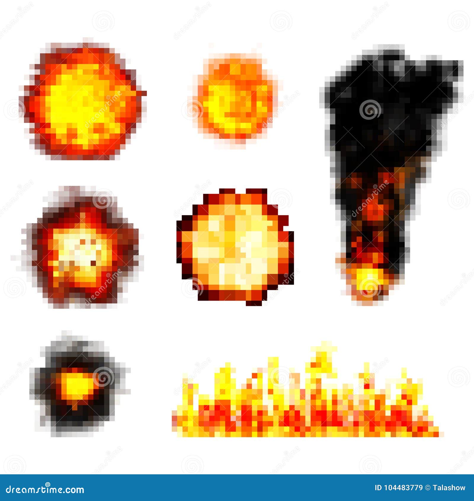Pixel Art Explosions. Game Icons Set. Comic Boom Flame Effects For ...