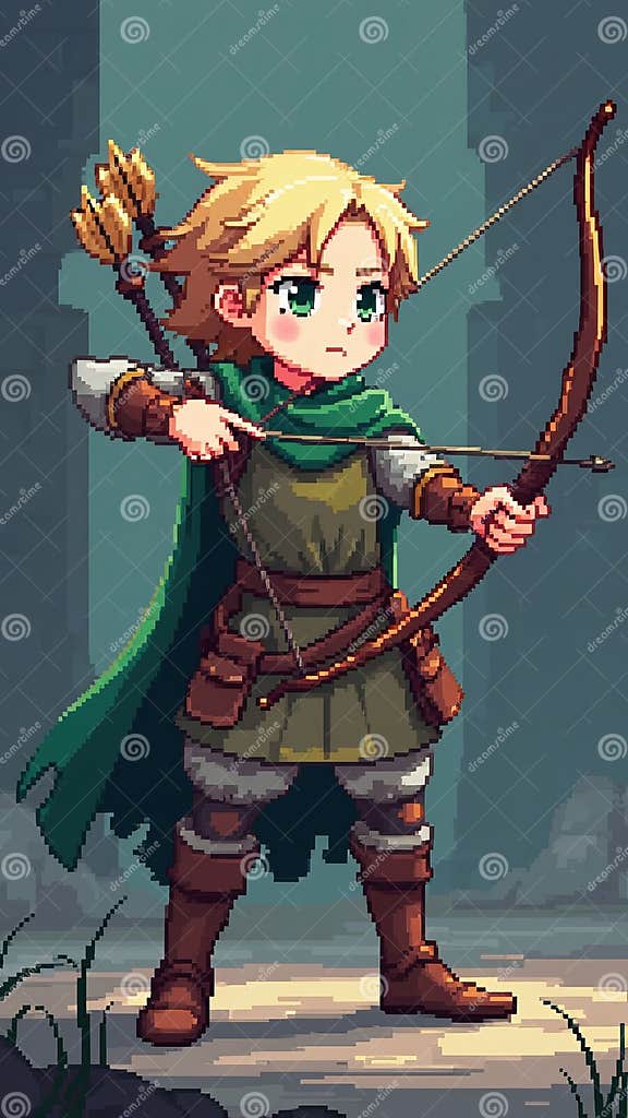Pixel Character Holding a Bow Pulling Back the String with Arrows in a ...