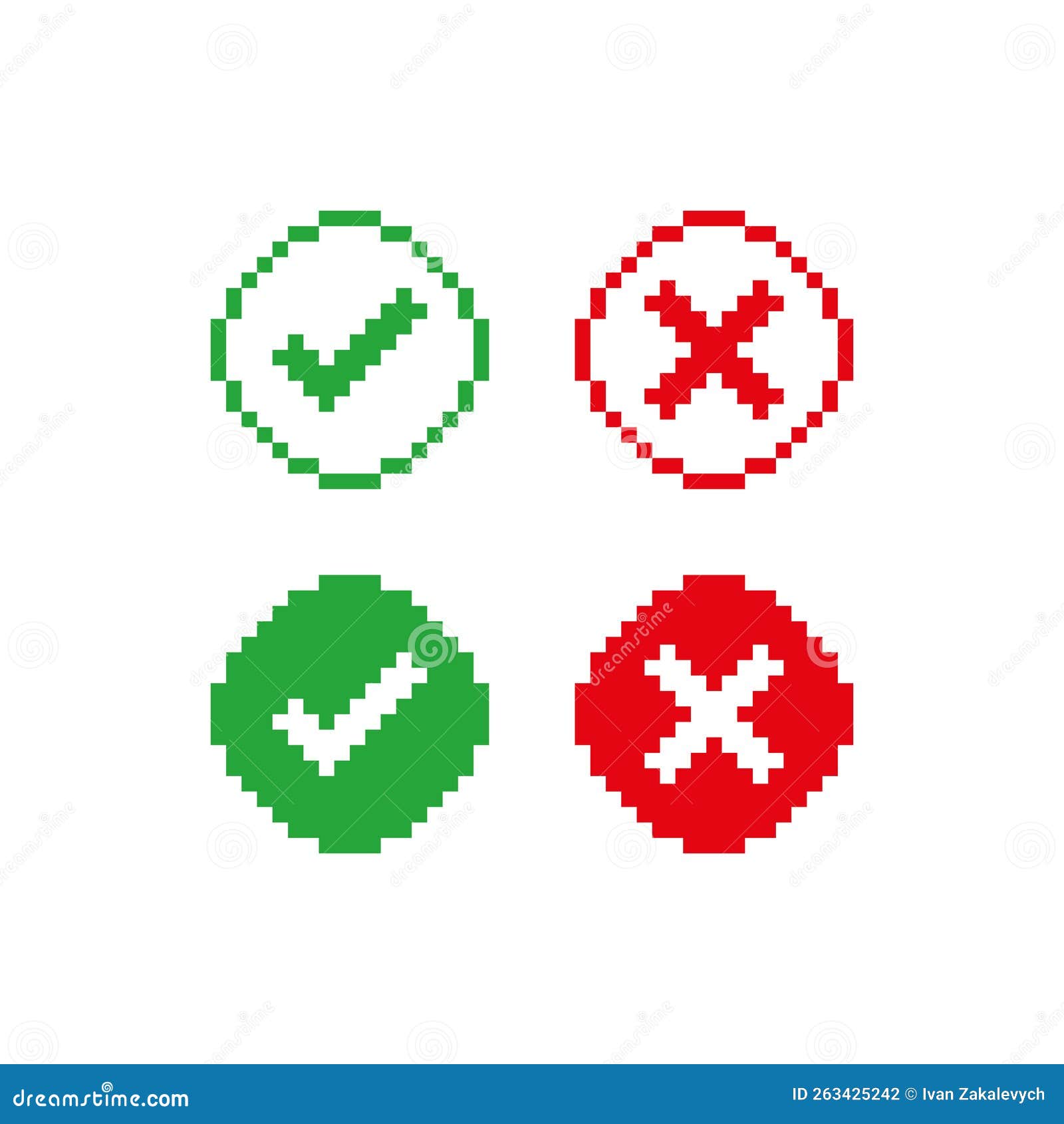 Pixel Check Mark and Cross Icon Set. Positive and Negative Choice 8bit ...