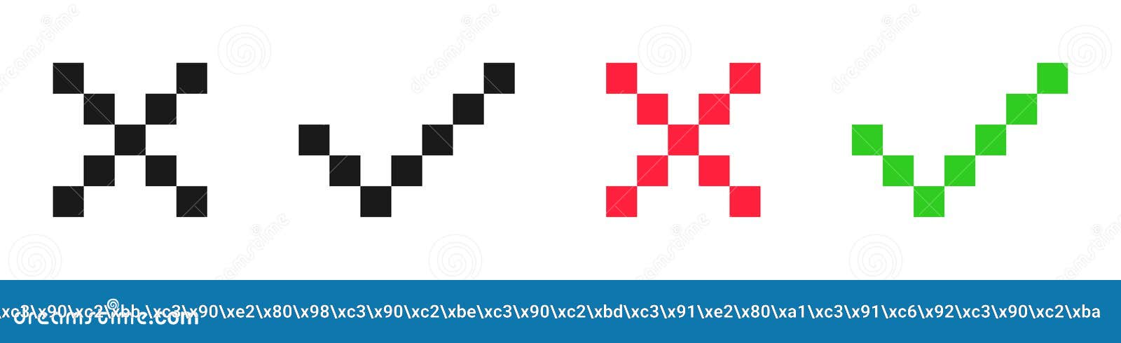 Pixel Check Mark and Cross. Yes and No Buttons. 8-bit Video Game Style ...