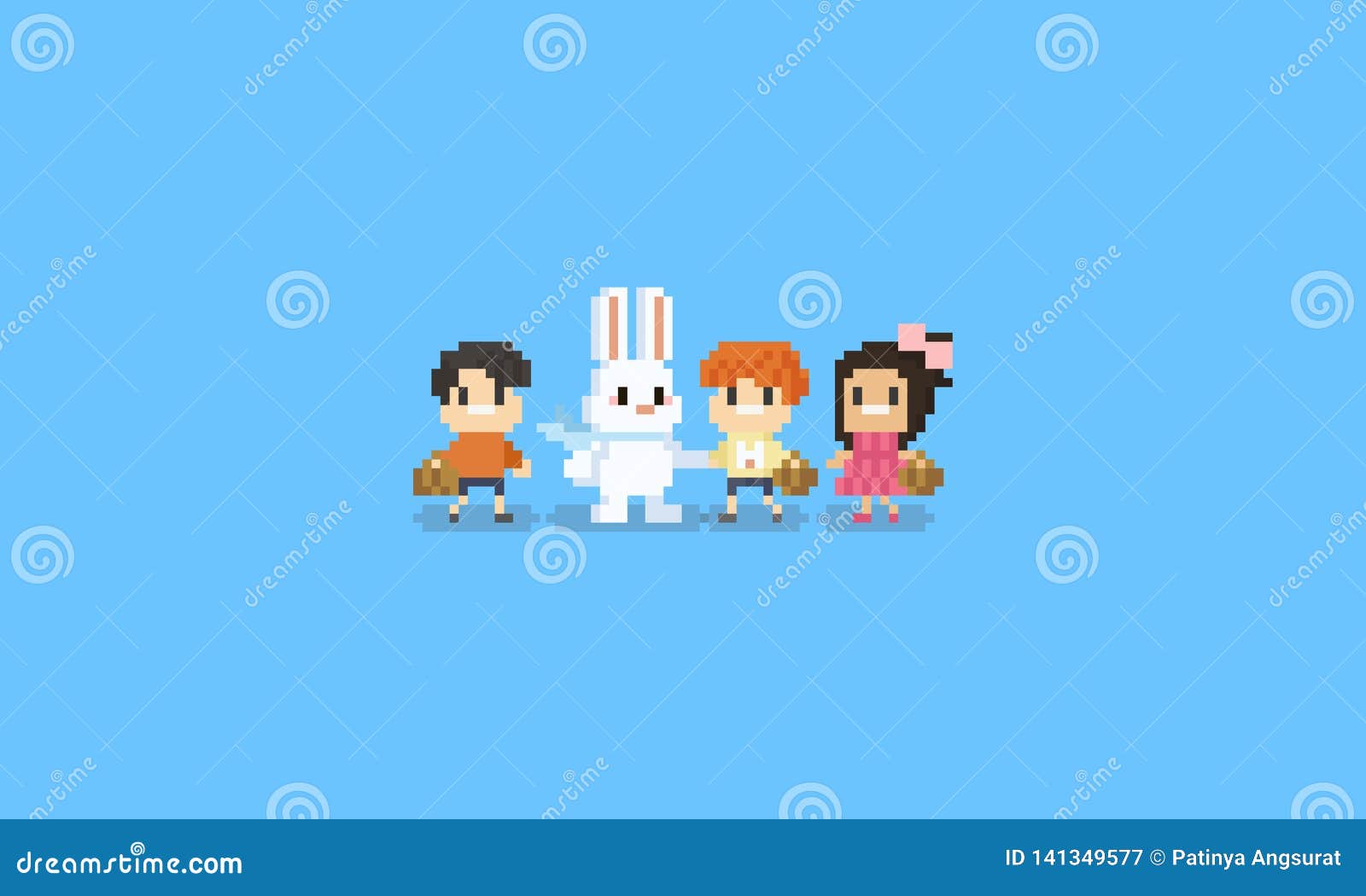 Pixel Children Character with Easter Rabbit Character.Easter Day.8bit ...