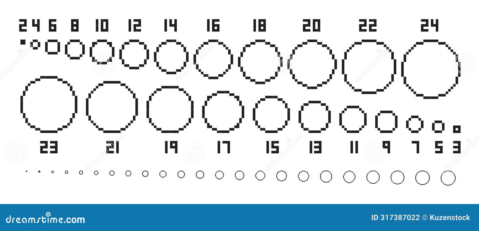 Pixel Circles. Pixel Art Base Circle Shapes in Various Radius, Diameter ...