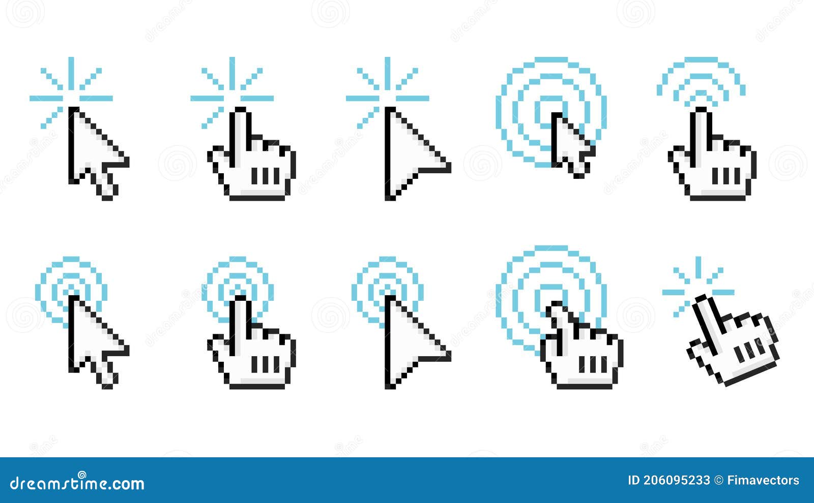 Pixel Click Icons. Vector Arrow Clicks Icon Mouse Pointer Hand Touch Finger Tap Target Cursor ...