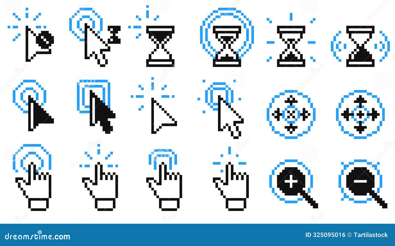 Pixel Click Icons. Vector Arrow Clicks Icon Mouse Pointer Hand Touch Finger Tap Target Cursor ...
