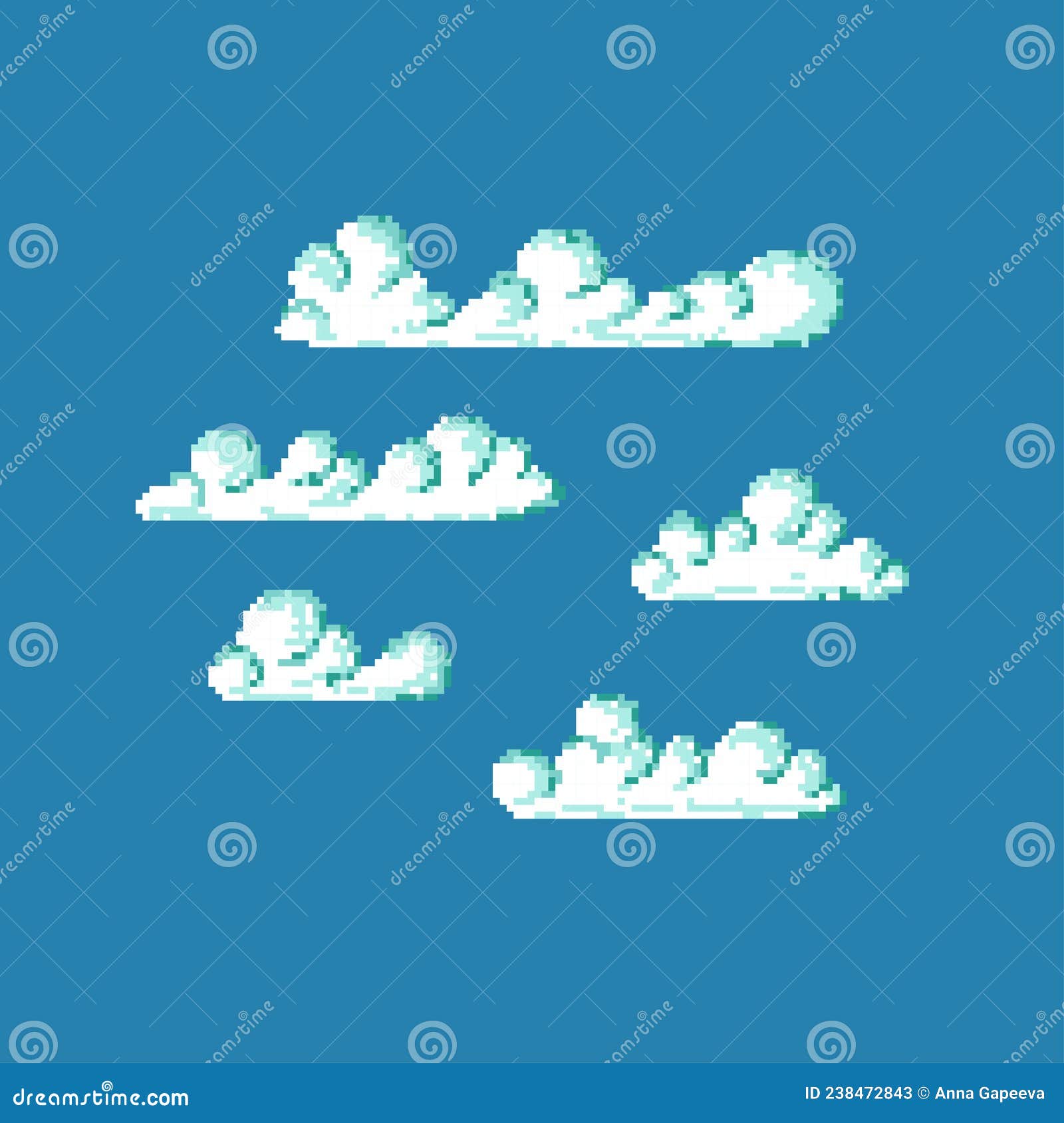 Pixel Clouds. Set of Different Clouds Isolated on Blue Background ...