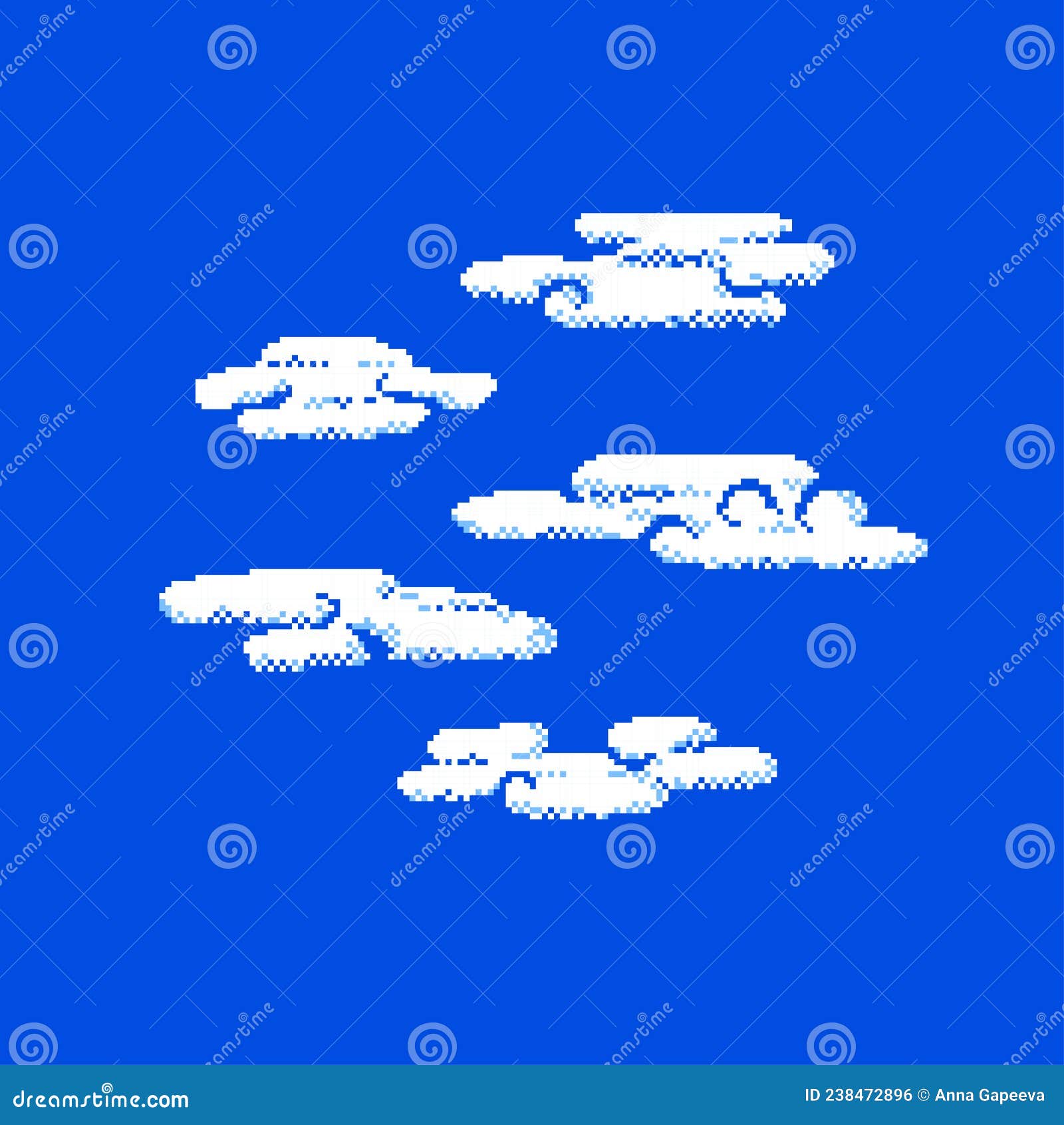 Pixel Clouds. Set Of Different Clouds Isolated On Blue Background ...