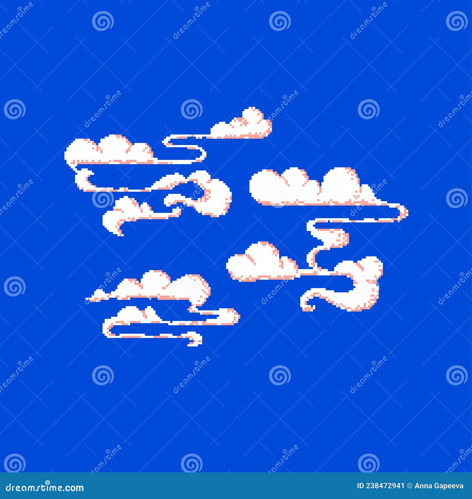 Pixel Clouds. Set Of Different Clouds Isolated On Blue Background ...