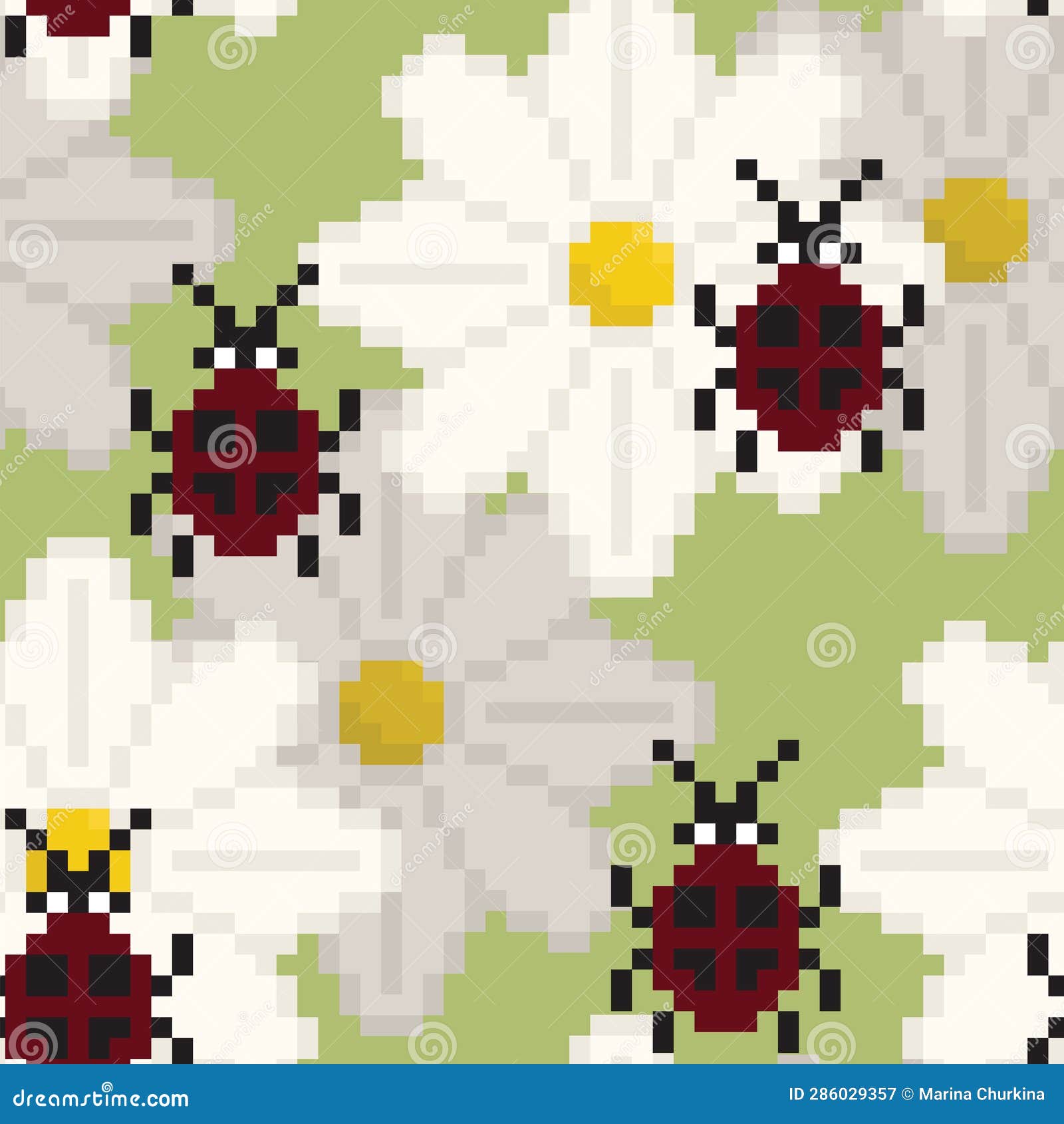 Pixel Ladybugs and Flowers Pattern Stock Vector - Illustration of pixel ...