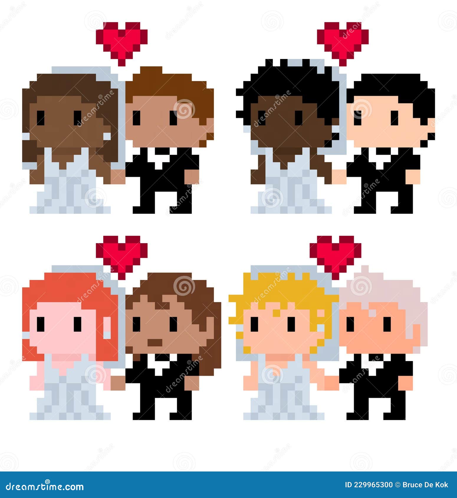 Pixel Couples of Diverse Men and Women Getting Married - Vector ...
