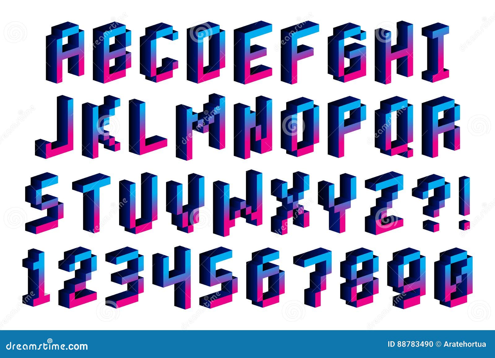 Pixel 3D Font Alphabet and Numbers Isolated Stock Illustration ...