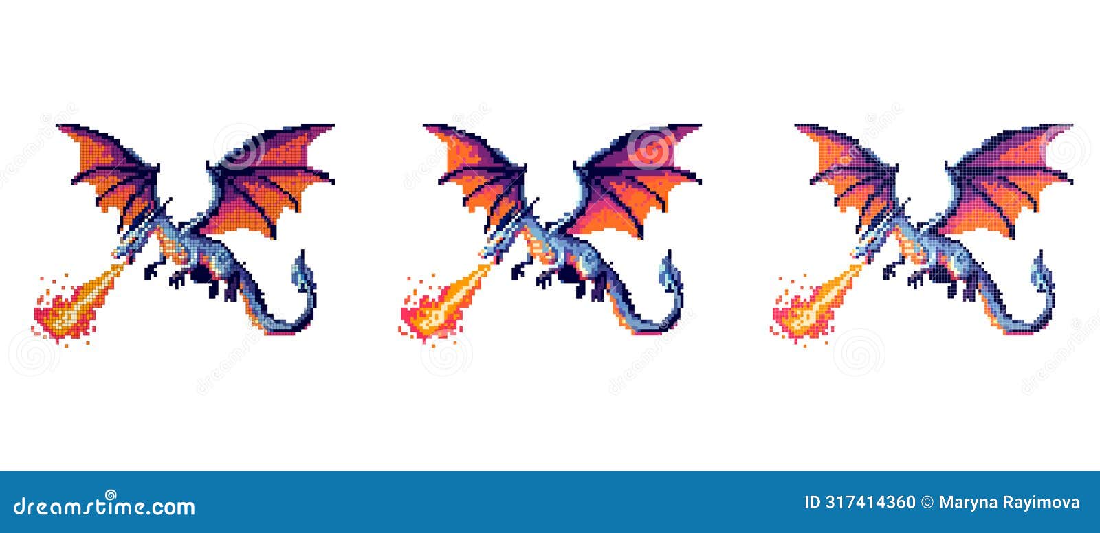 Pixel Dragon Breathing Fire with Blue Body and Wings Stock Illustration ...