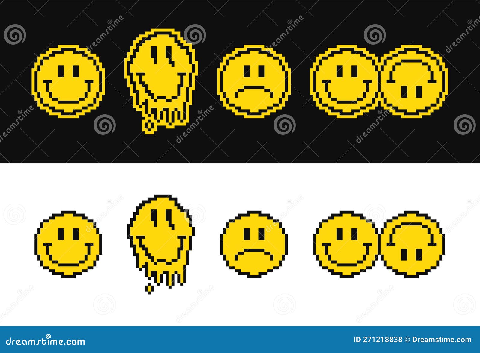Pixel Emoji Smile Set Various Pixel Art Smile That Melts And Dripping Happy And Sad Vector