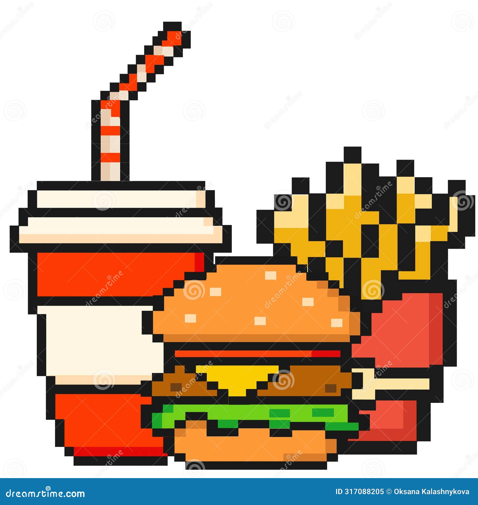 Fast Food Pixeled Art Hamburger, French Fries, and a Drink. Stock ...