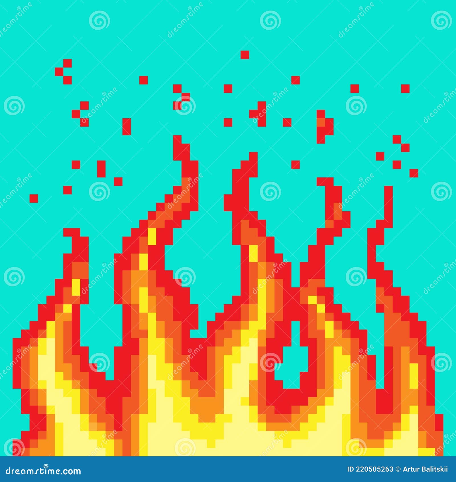 Pixel Fire Art 8 Bit Fire Objects Game Icons Set Comic Boom Flame Effects Bang Burst Explode