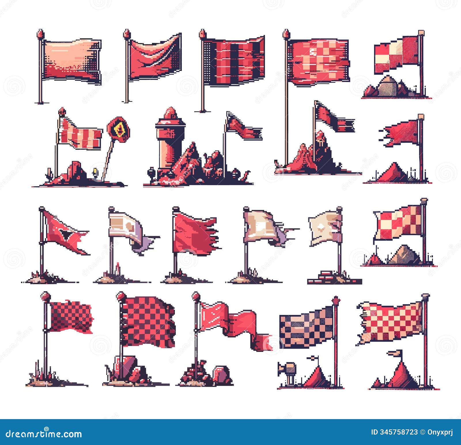 Pixel Flags Vector Set. Red Wavy Banner Achievements Winners 8 Bit ...