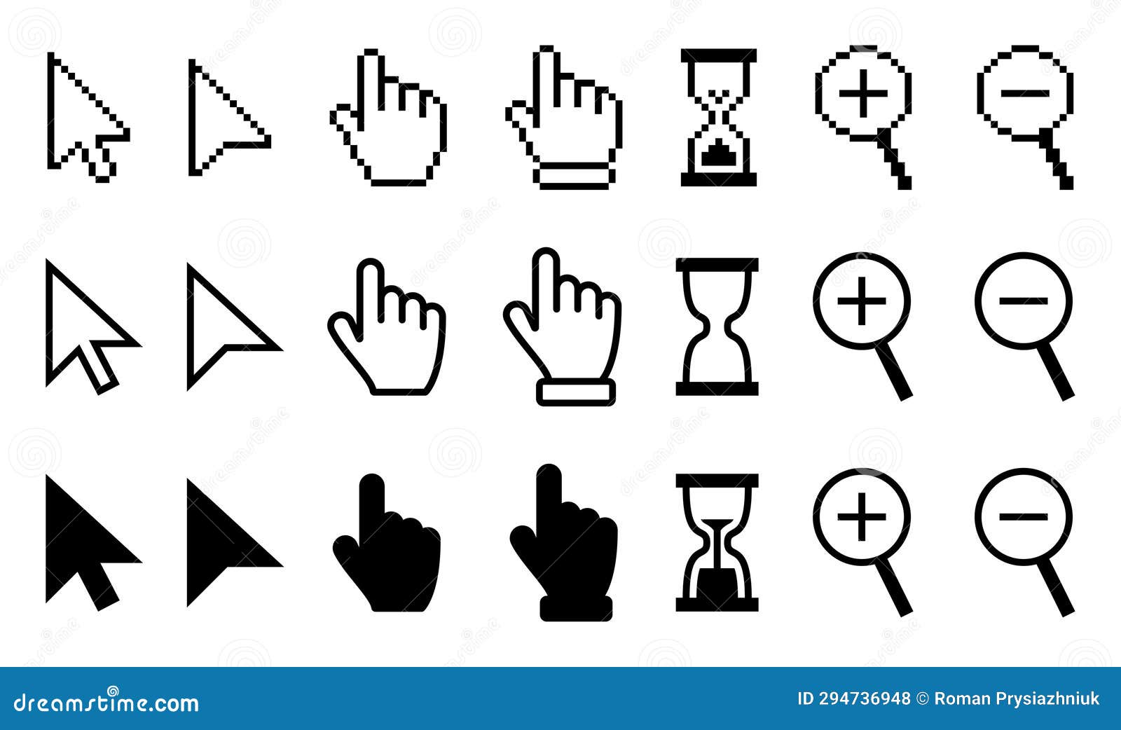 Pixel And Flat Cursor Or Computer Mouse Pointer Icons Set Different